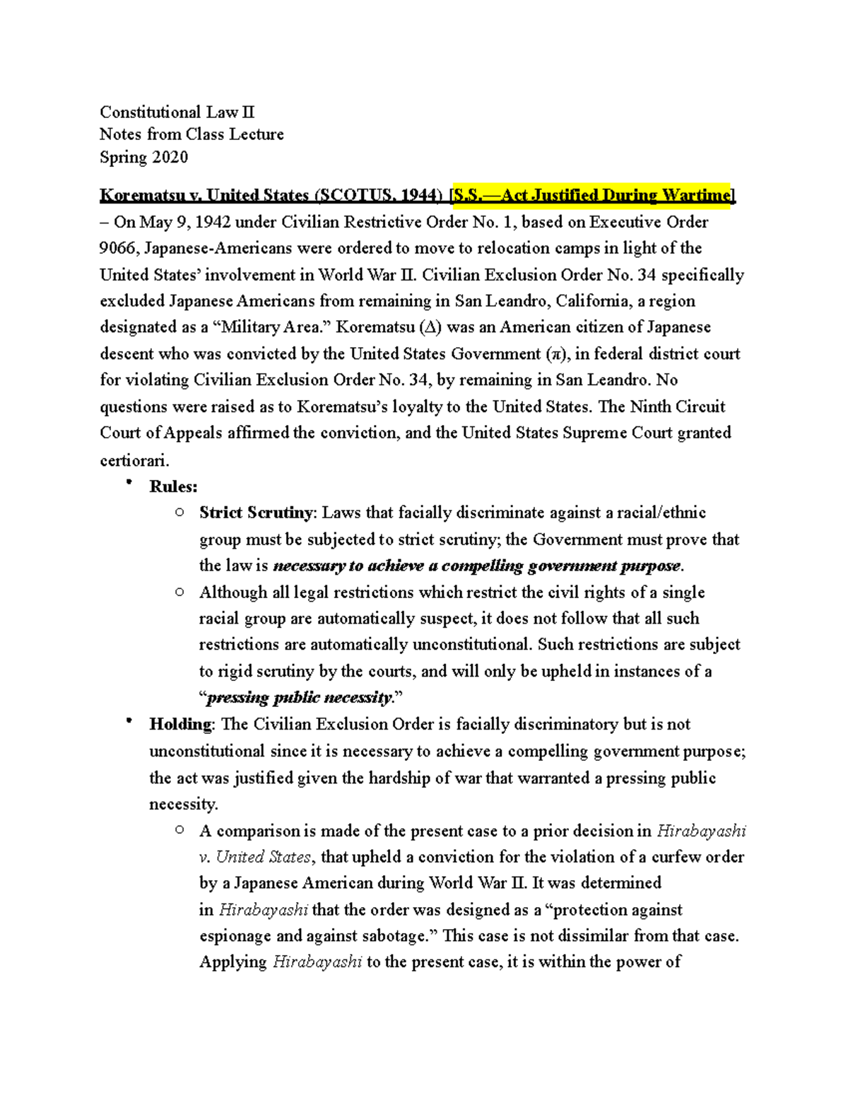 Korematsu v. United States ( Scotus, 1944) - Constitutional Law II ...