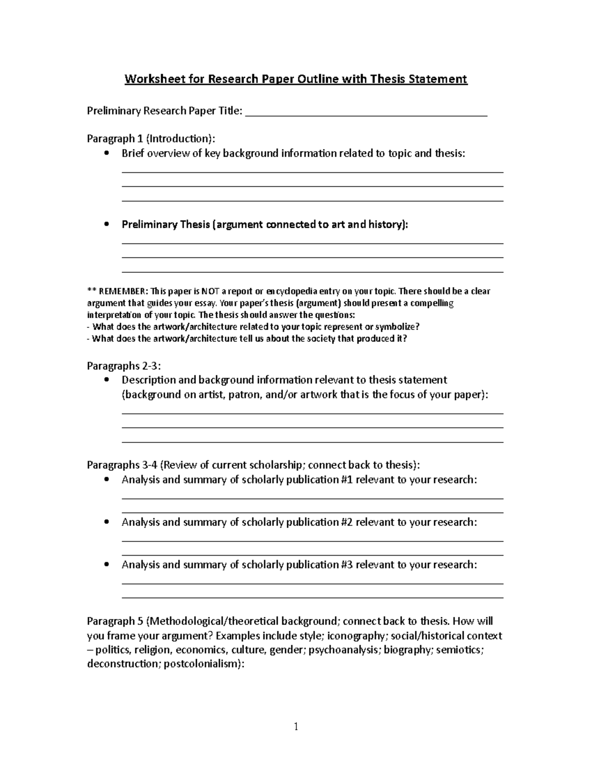 Outline Thesis Worksheet - Worksheet for Research Paper Outline with ...