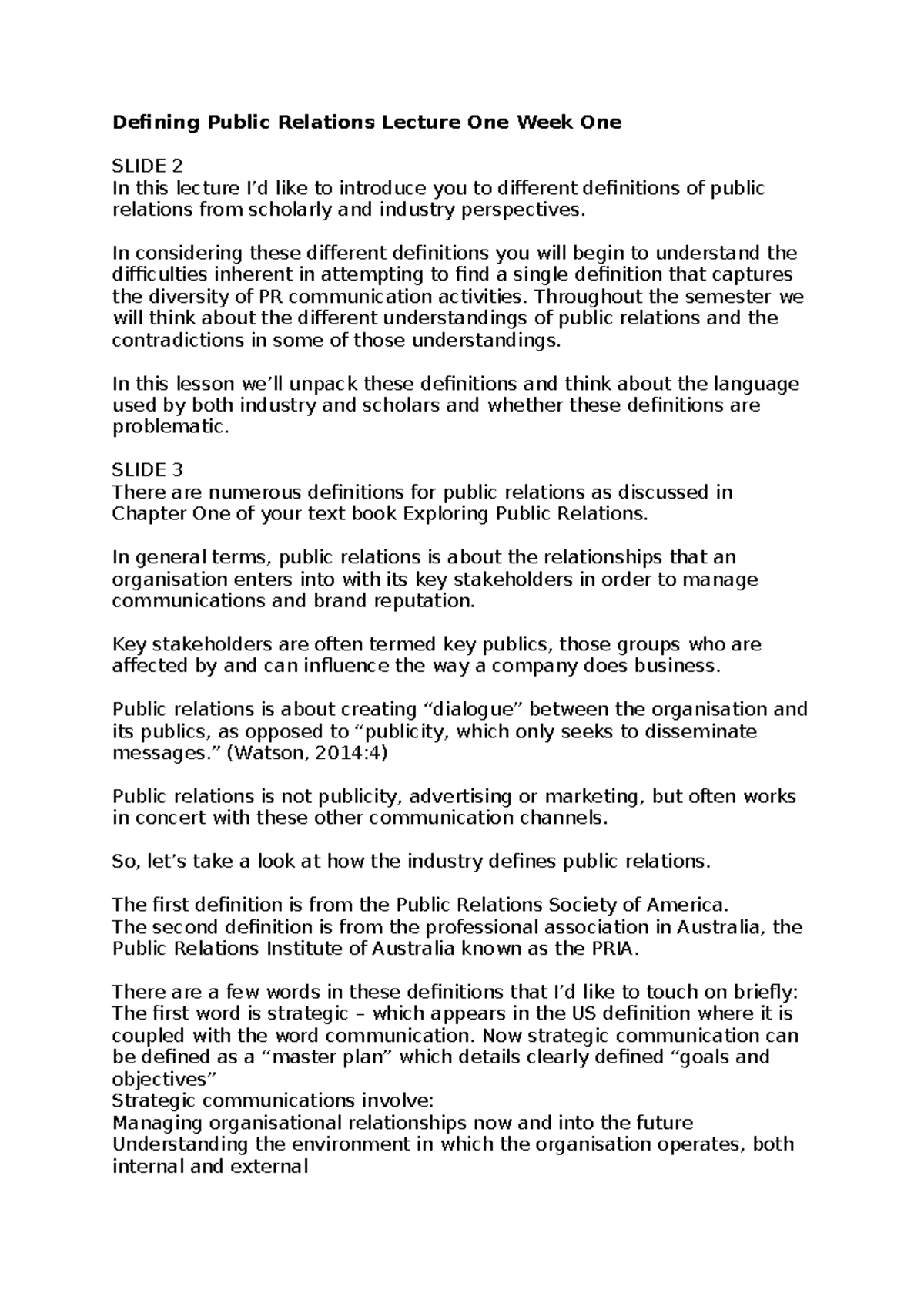 1Defining PRLecture Notes - Defining Public Relations Lecture One Week ...