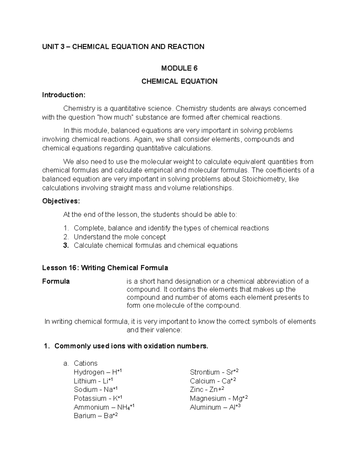 GC Module-6 - chem notes - UNIT 3 – CHEMICAL EQUATION AND REACTION ...