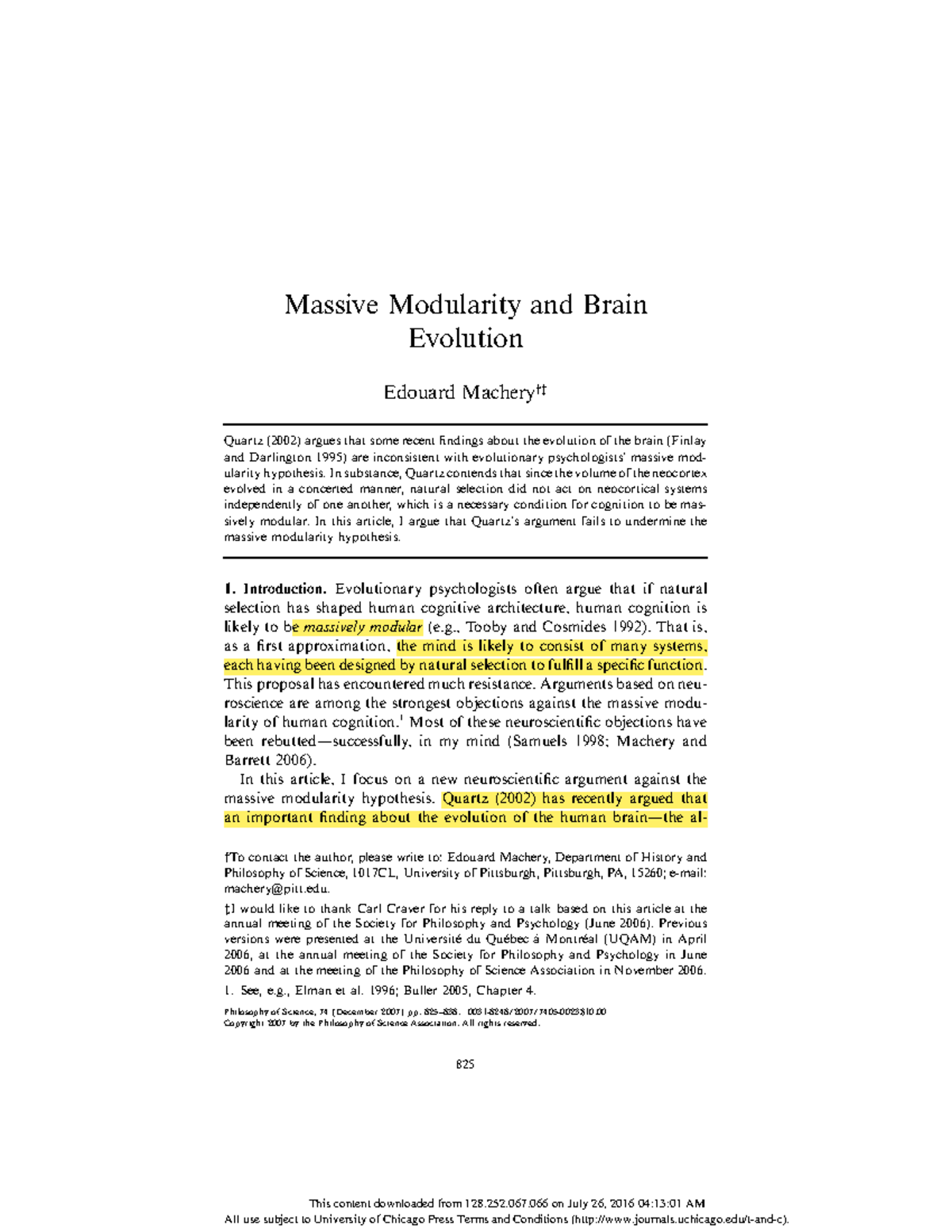 E. machery s massive Modularity and brain evolution - Philosophy of ...