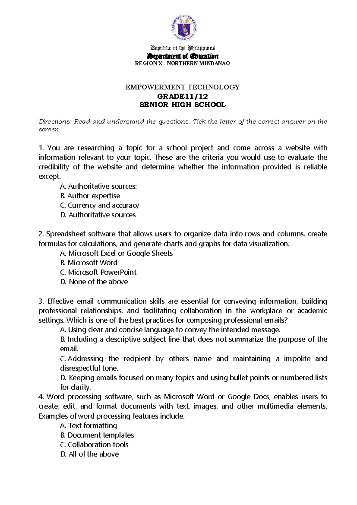 SHS Empowerment Technologies Final TEST Items - Department of Education ...