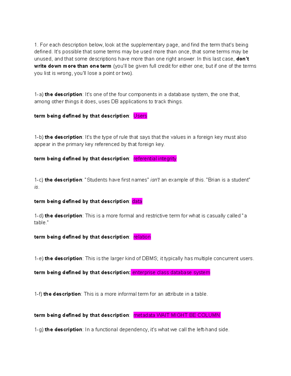 CSC 1035 Exam 1 Study Guide - For each description below, look at the ...