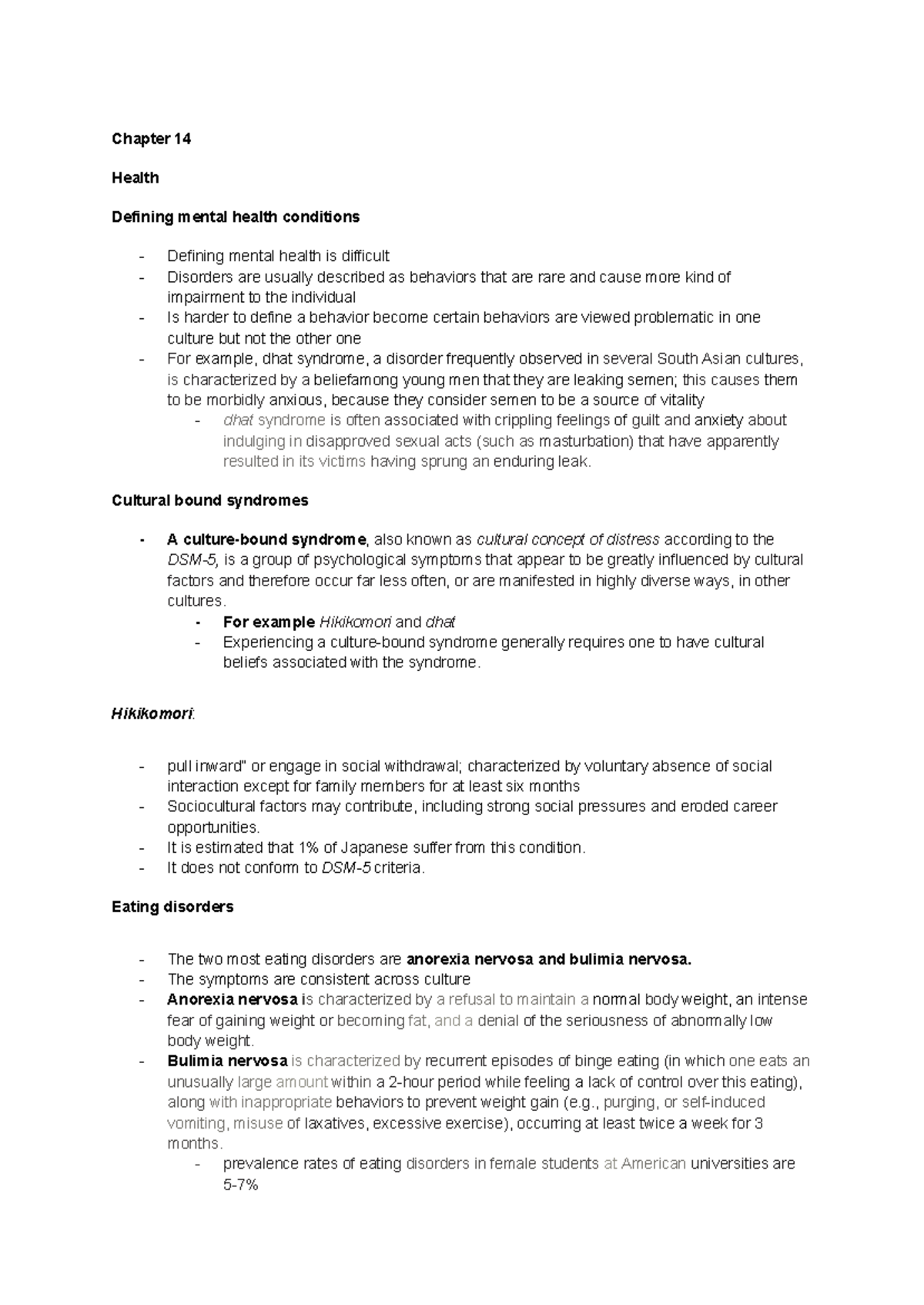 Chapter 14 lecture and textbook note - Chapter 14 Health Defining mental health conditions ...