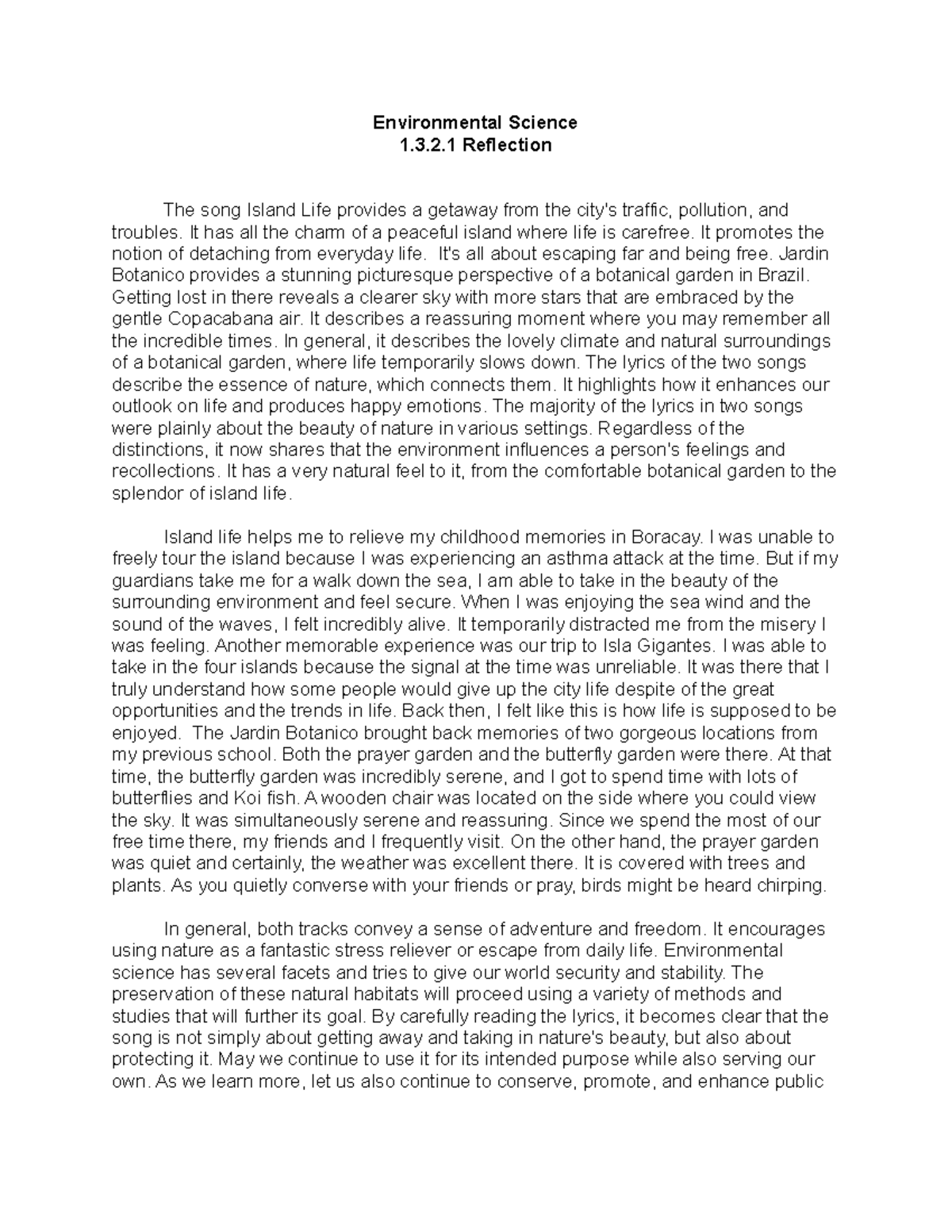 Environmental Science Reflection - Environmental Science 1.3.2 ...