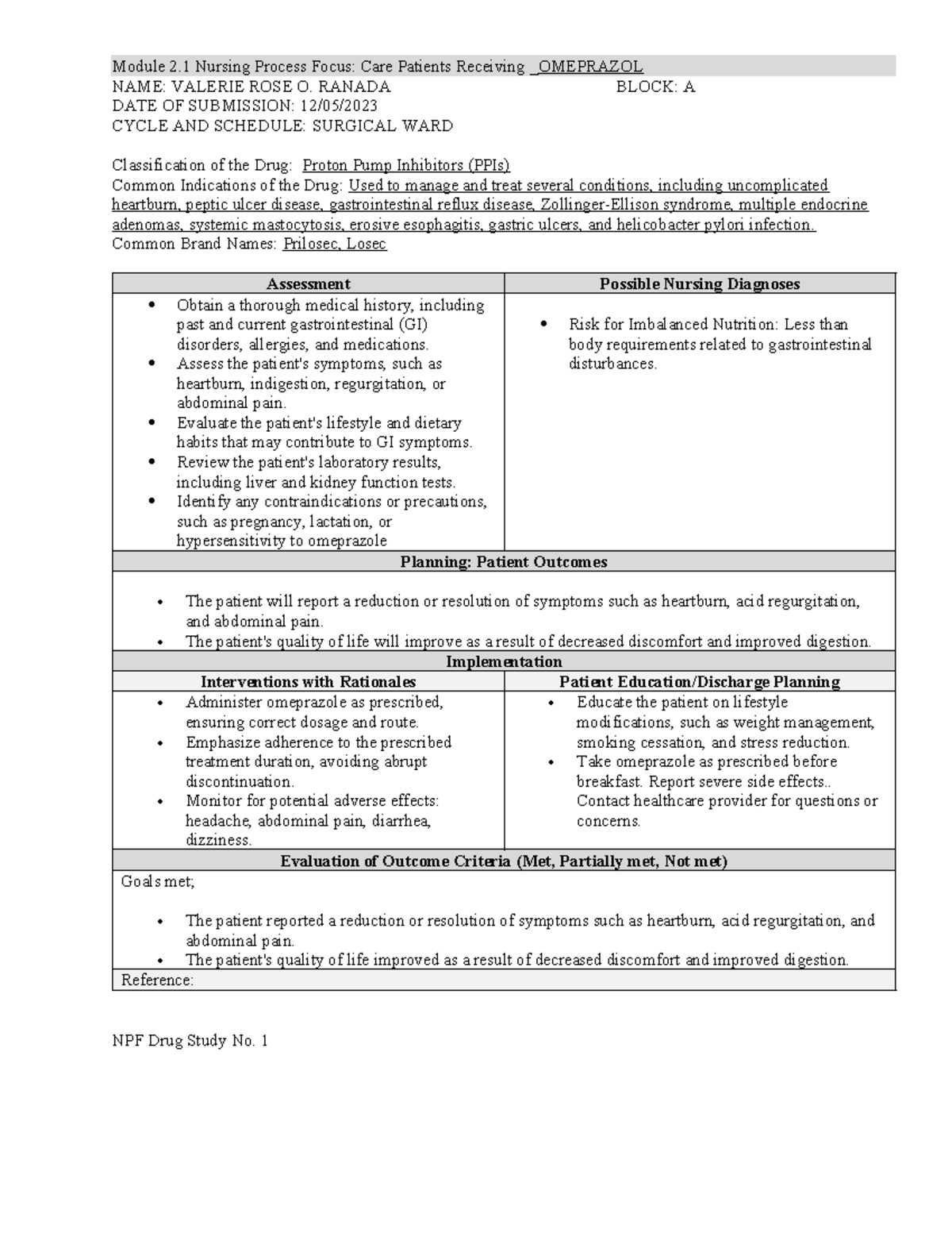 Nursing Process Focus Drug Study Template copy - Module 2 Nursing ...