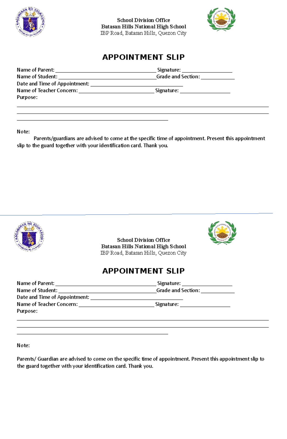 Appointment SLIP - School Division Office Batasan Hills National High ...