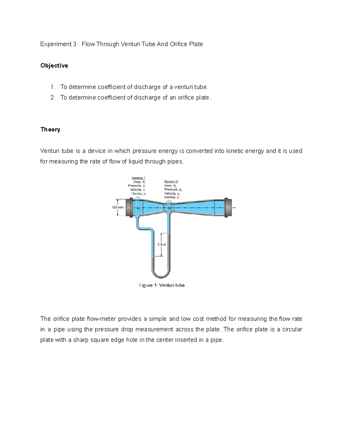 Experiment 3 Flow Through Venturi Tube And Orifice Plate - Experiment 3 ...