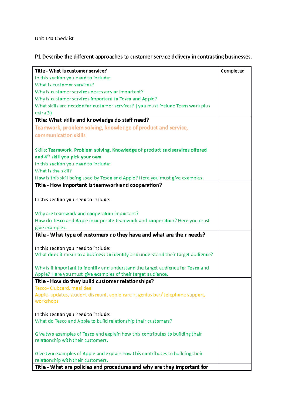 Unit 14 - P1 - Checklist - Unit 14a Checklist P1 Describe the different ...