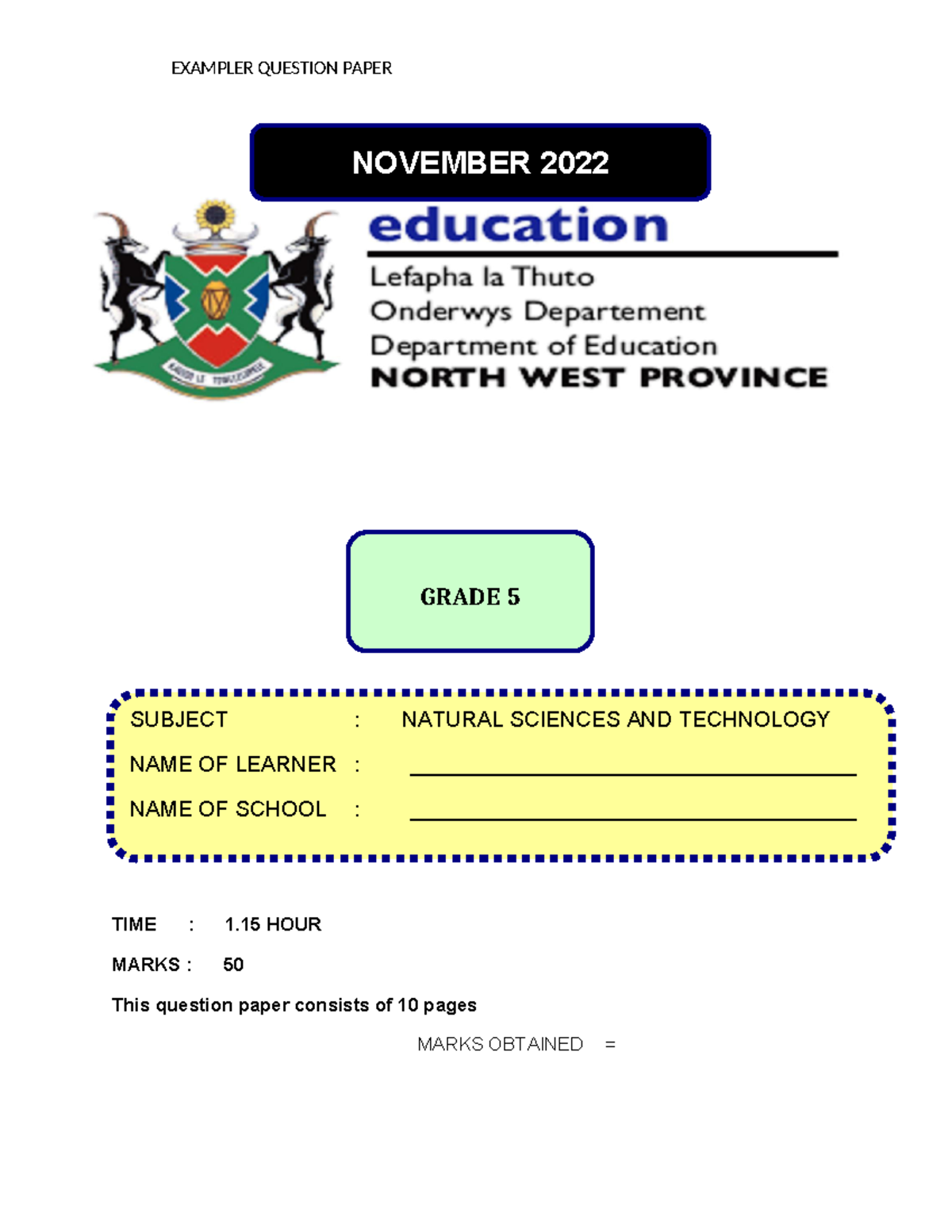 NST Grade 5 EXAM TERM 4 2022 - EXAMPLER QUESTION PAPER TIME : 1 HOUR ...