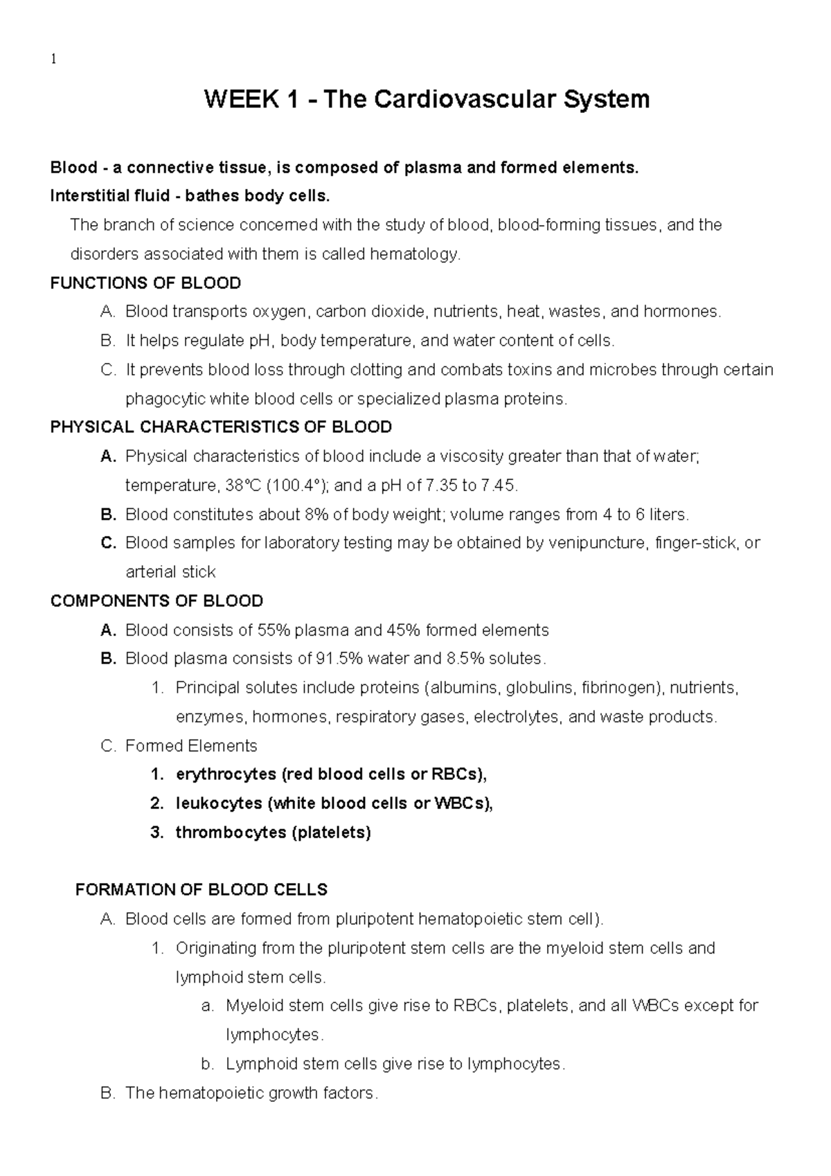 Anatomy and physiology study notes - WEEK 1 - The Cardiovascular System ...