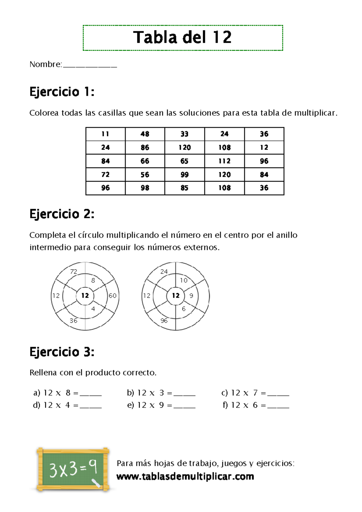Fichas de la tabla del 12 ws1 - a) 12 x 8 =_______ b) 12 x 3 =_______ c ...