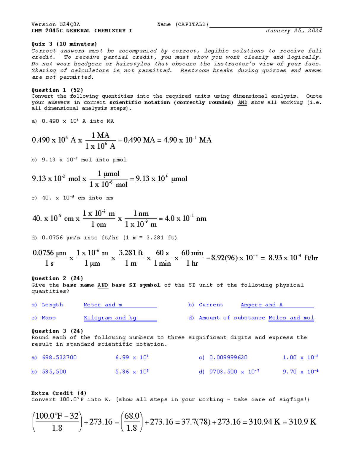 Quiz3 key - chapter 3 quiz key - Version S24Q3A Name (CAPITALS) CHM ...