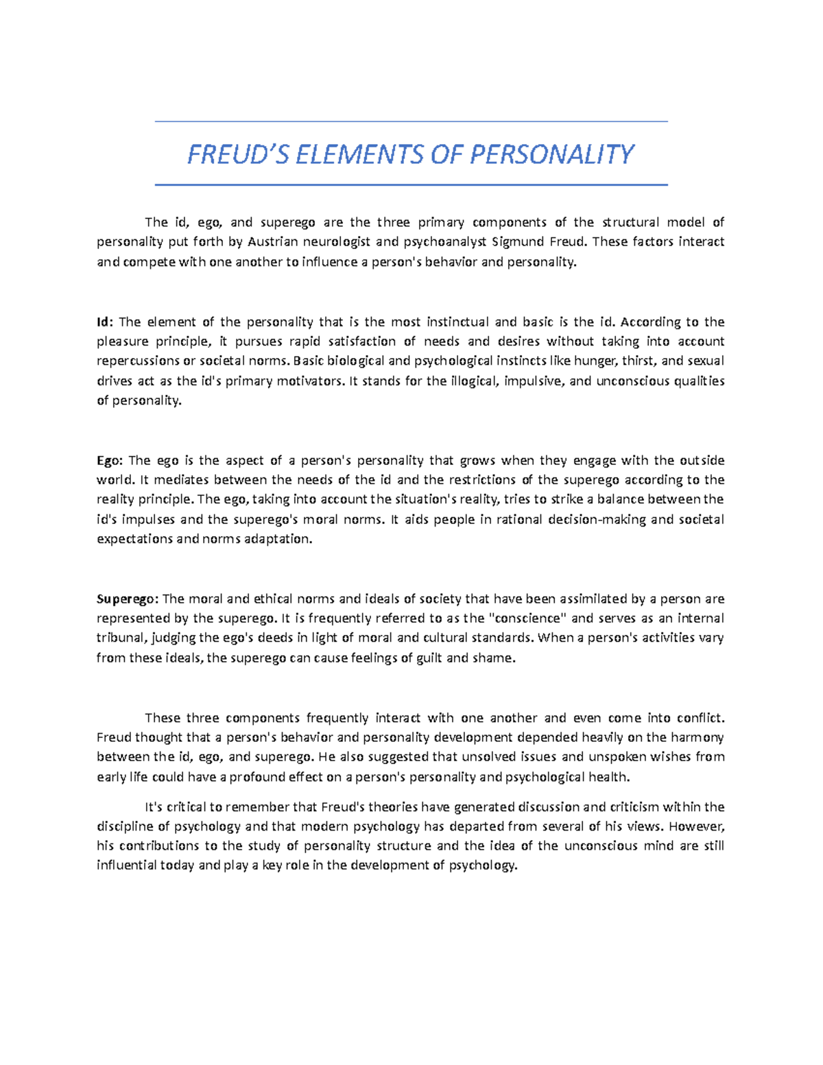Freud’S Elements OF Personality - FREUD’S ELEMENTS OF PERSONALITY The ...