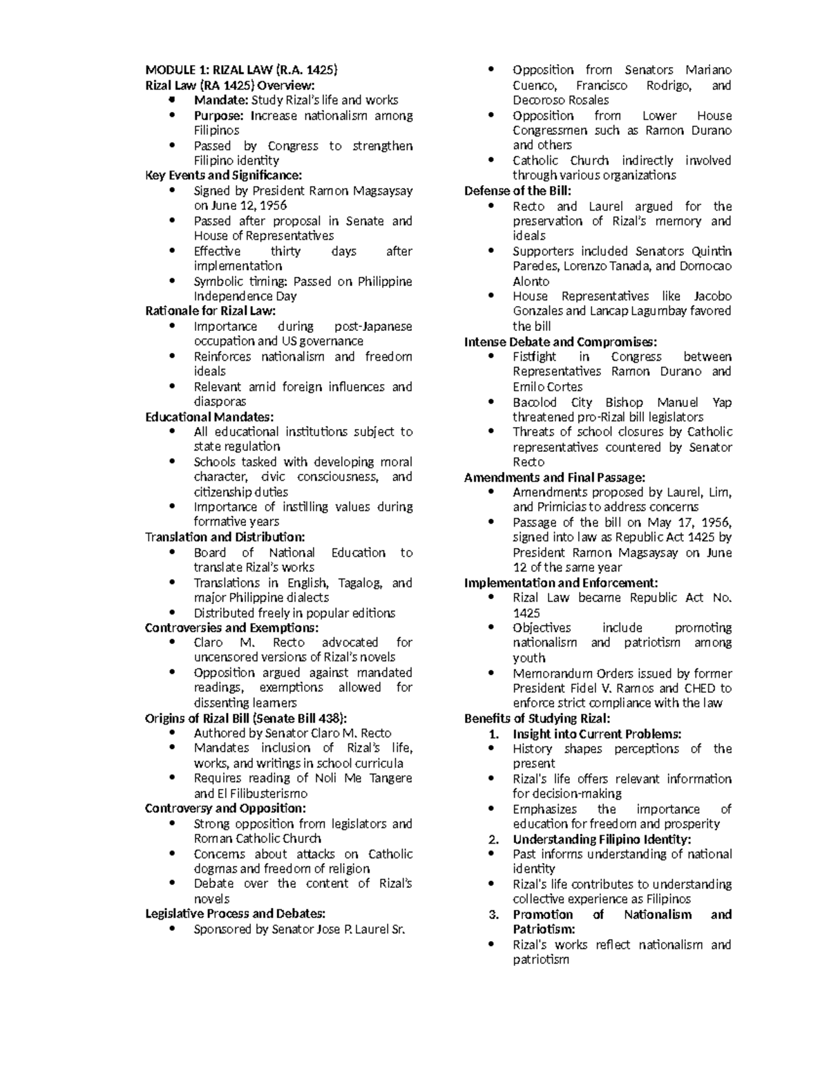 Rizal Midterm Reviewer - MODULE 1: RIZAL LAW (R. 1425) Rizal Law (RA 1425) Overview: Mandate ...
