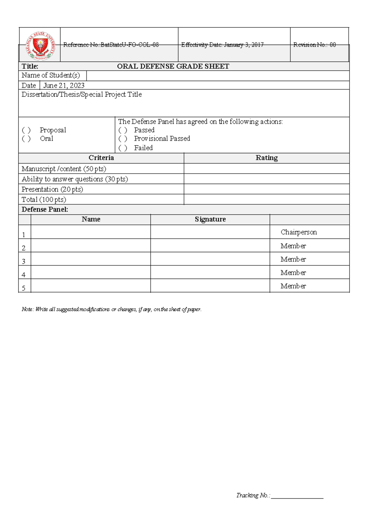 Grading sheet - Title: ORAL DEFENSE GRADE SHEET Name of Student(s) Date ...