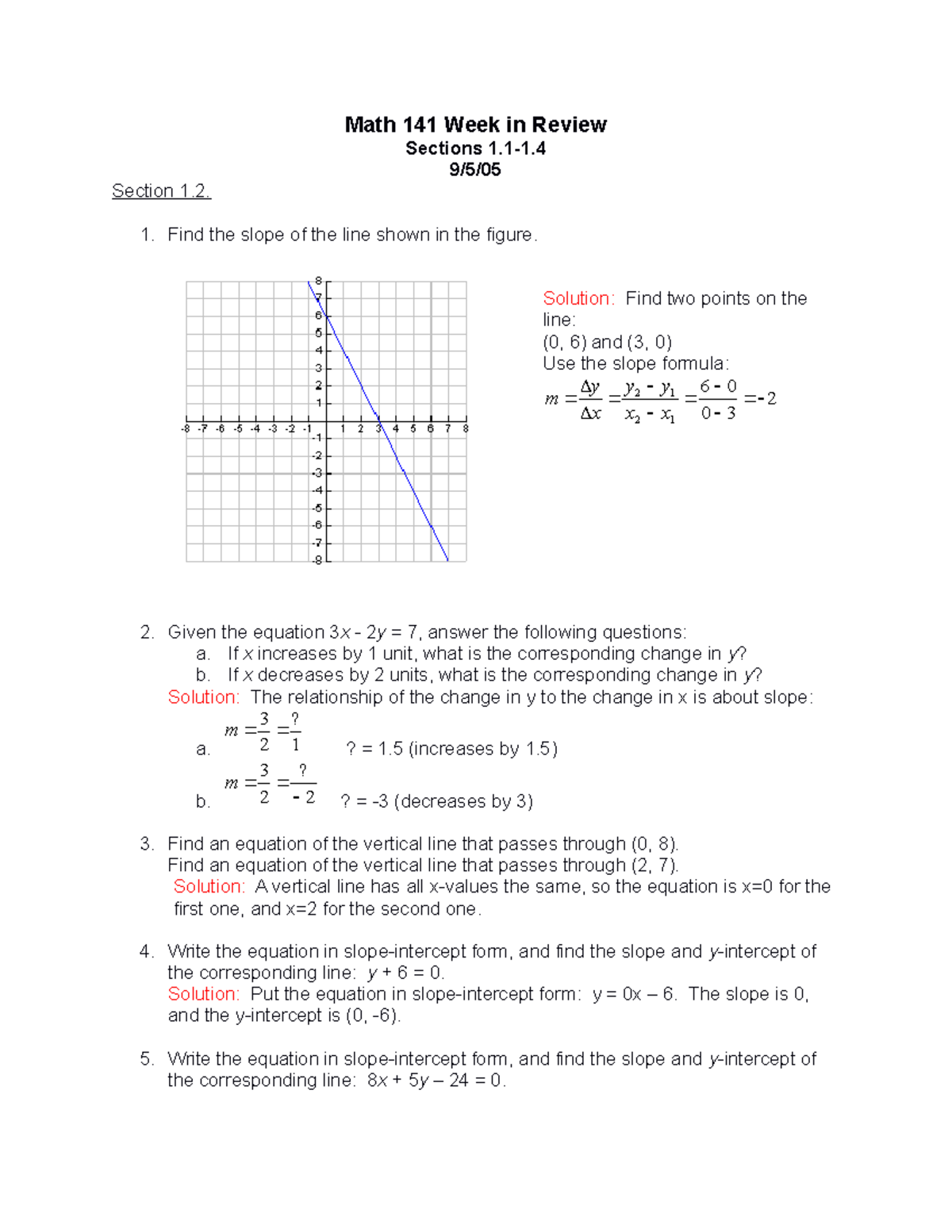 M141 WIR 9 5 05 Key - Solutions to business Pre-Calculus. - Math 141 ...