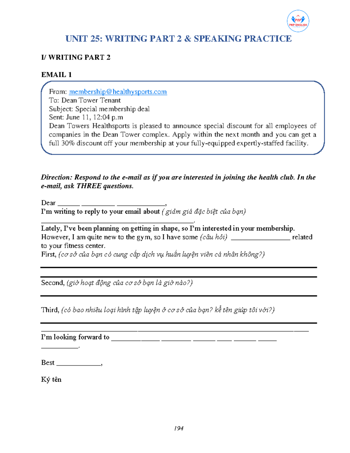 Email 1 - Toeic - UNIT 25: WRITING PART 2 & SPEAKING PRACTICE I ...