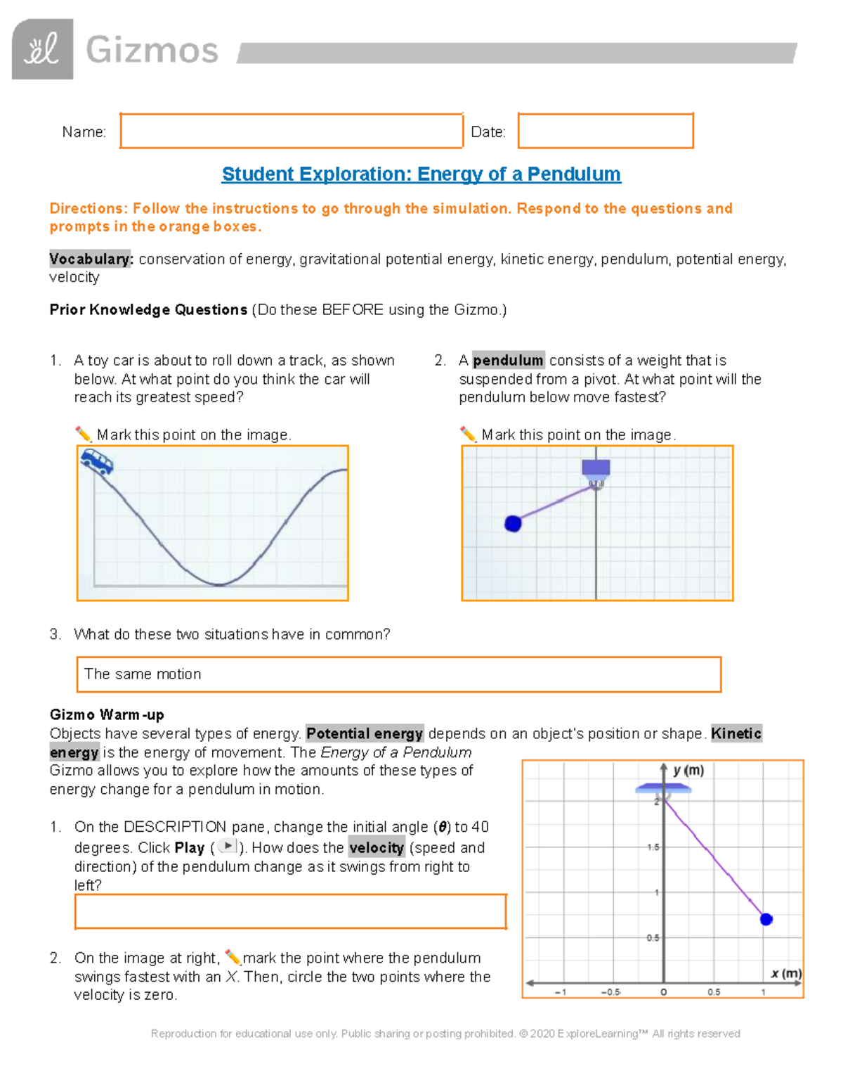 Energy Pendulum SE - Name: Date: Student Exploration: Energy of a Pendulum Directions: Follow ...