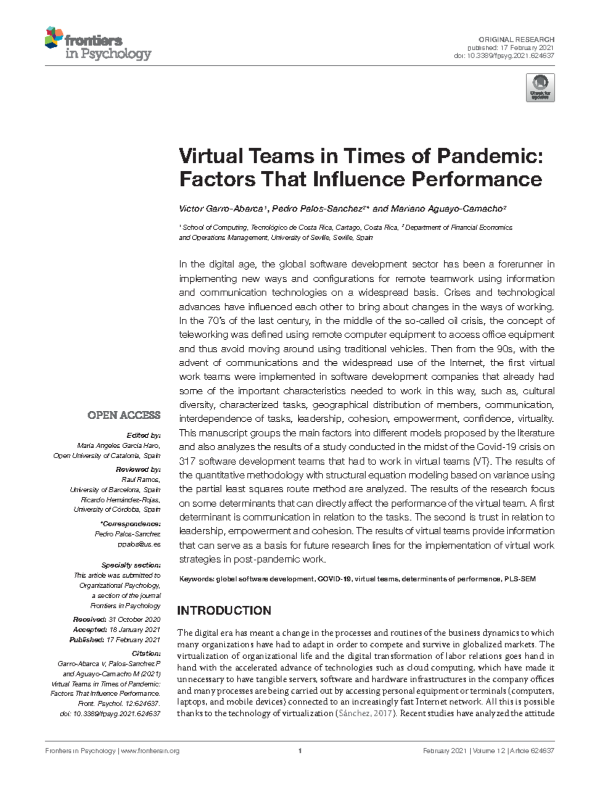 Virtual Teams in Times of Pandemic - ORIGINAL RESEARCH published: 17 ...