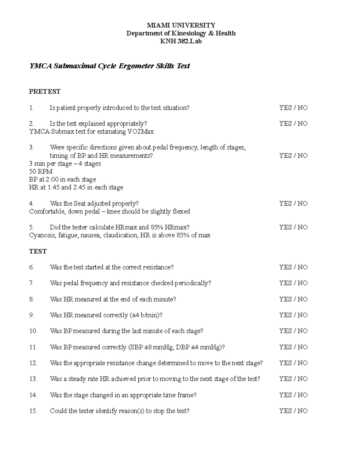 Lab YMCA Submax Cycle Test.Skills Study - MIAMI UNIVERSITY Department ...