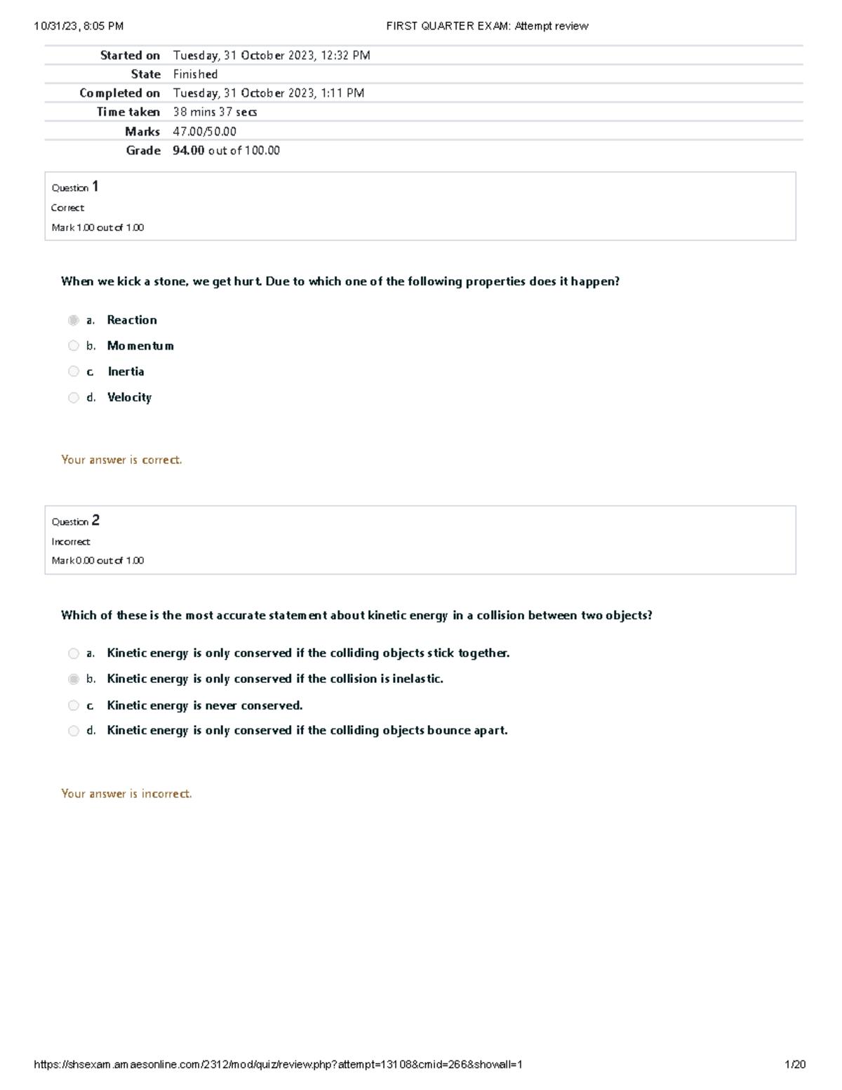 First Quarter Exam Attempt Review Started On Tuesday 31 October 2023