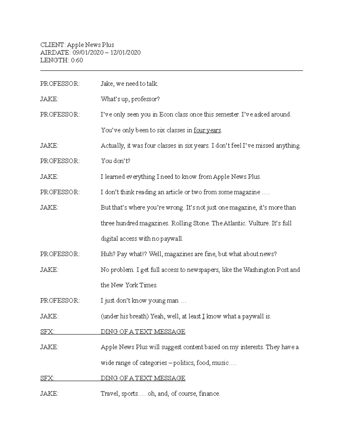 Radio Format Example - CLIENT: Apple News Plus AIRDATE: 09/01/2020 – 12 ...