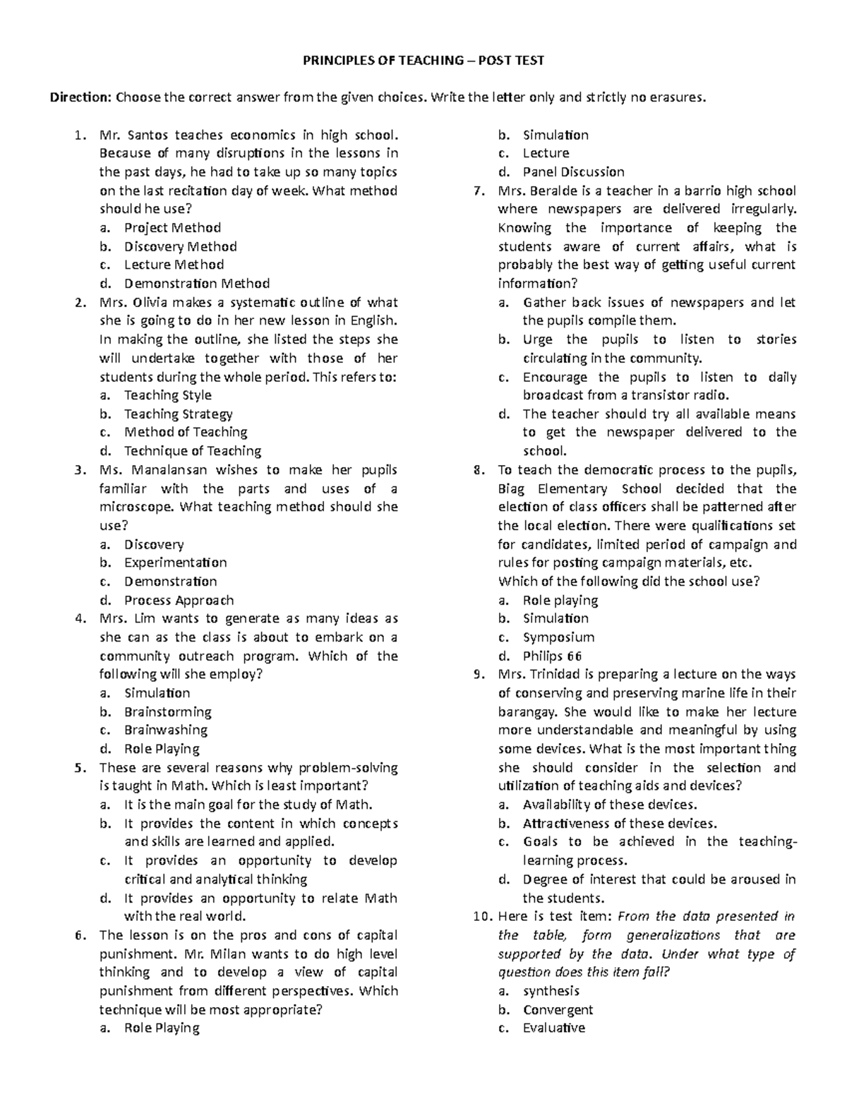 POST TEST Principle OF Teaching - PRINCIPLES OF TEACHING – POST TEST ...