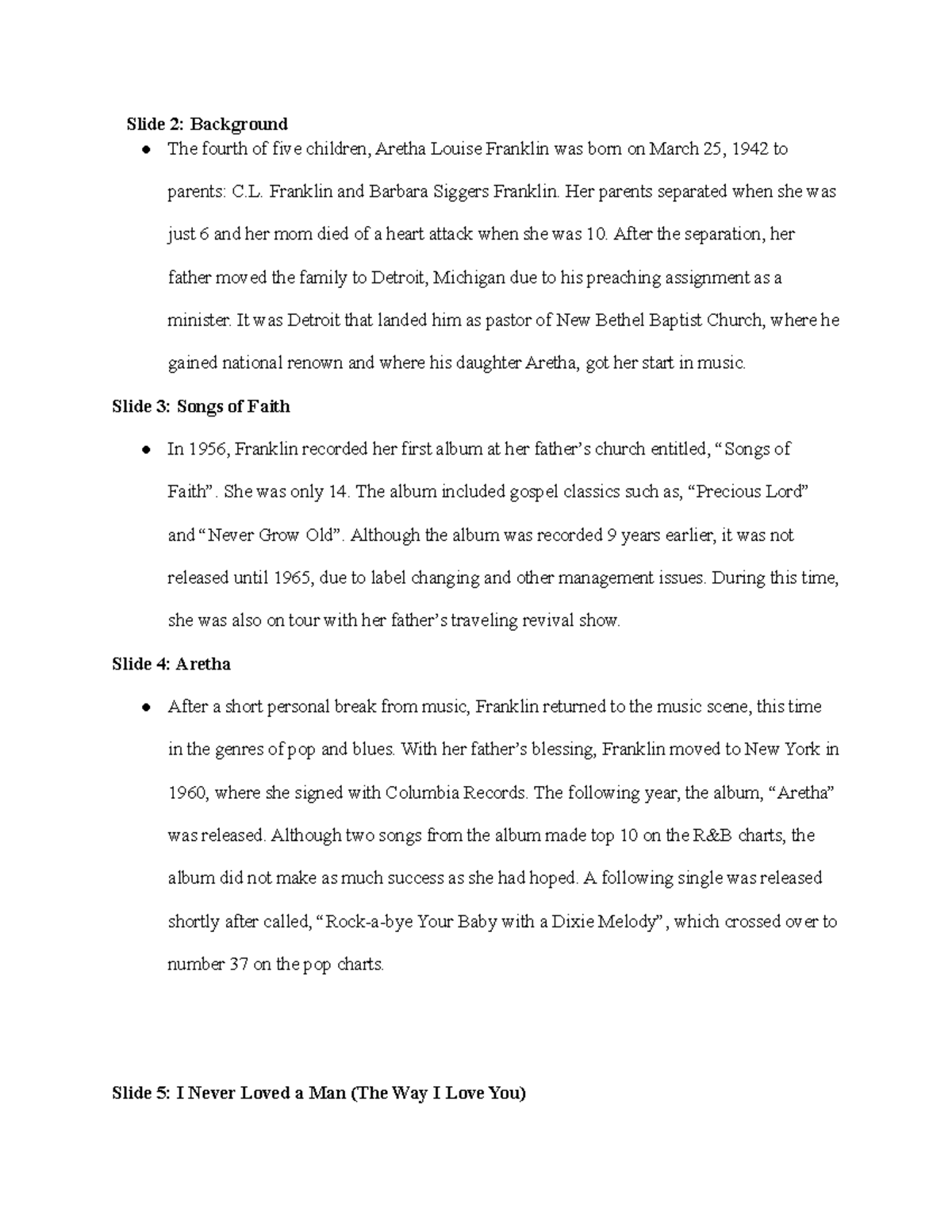 Aretha Franklin powerpoint notes - Slide 2: Background The fourth of ...