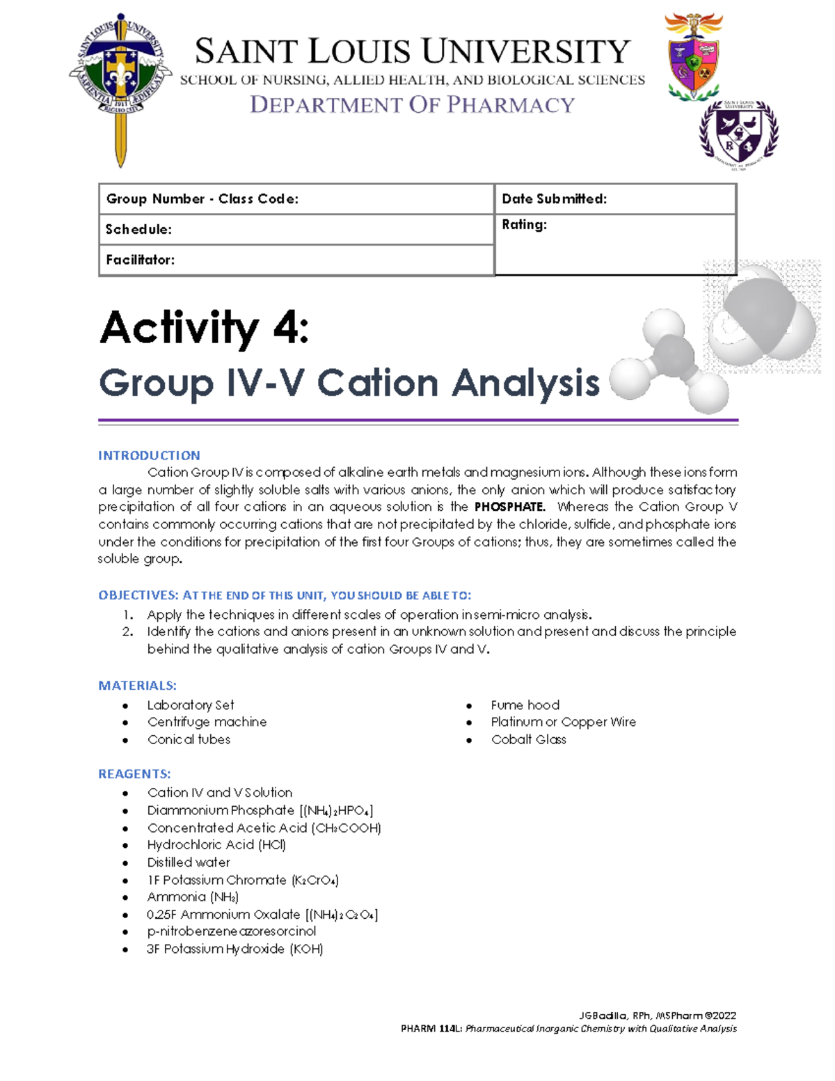 Group-Activity-Cations - JGBadilla, RPh, MSPharm © Activity 4: Group IV ...