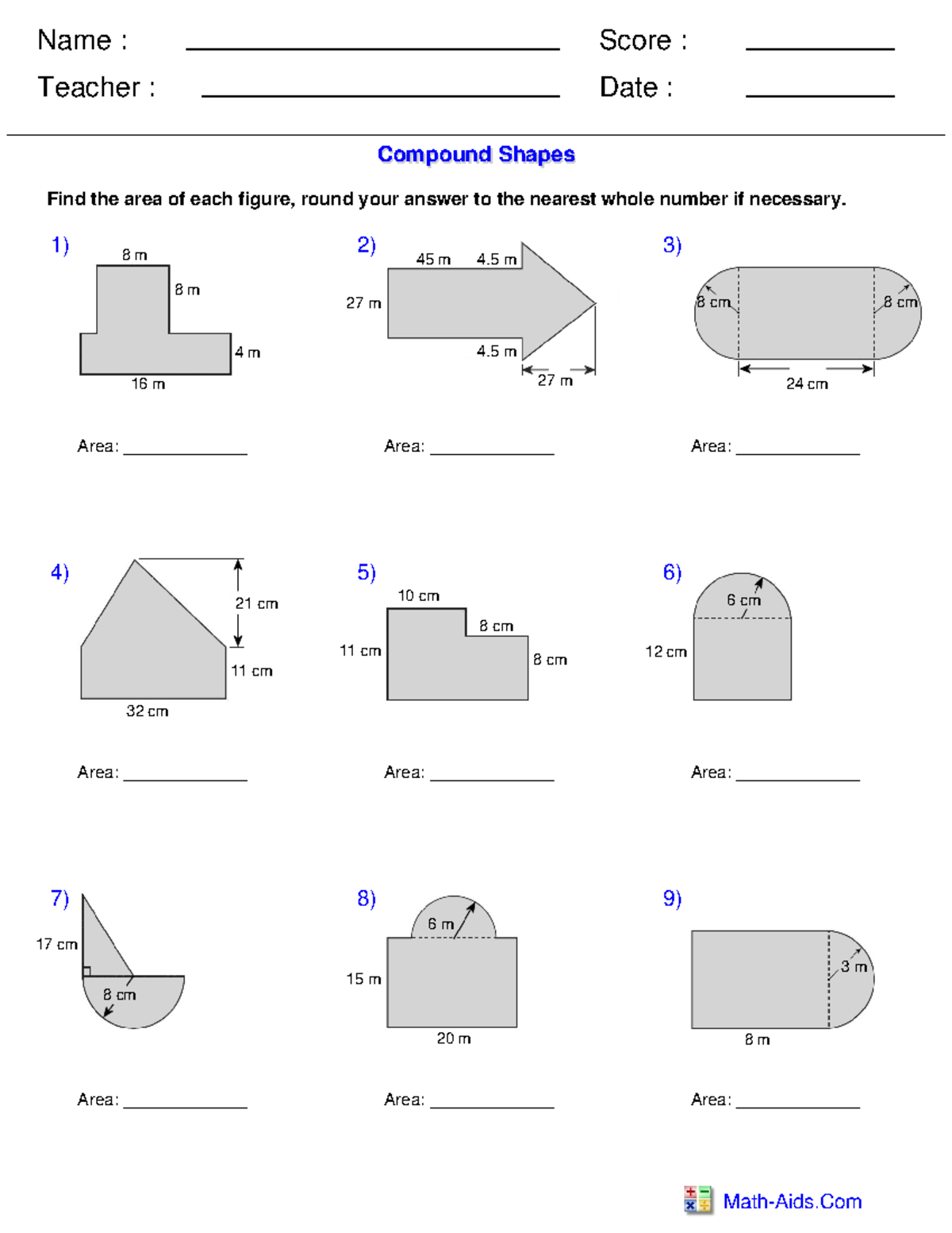Geom area compound Add - Name : Teacher : Date : Score : Math-Aids ...