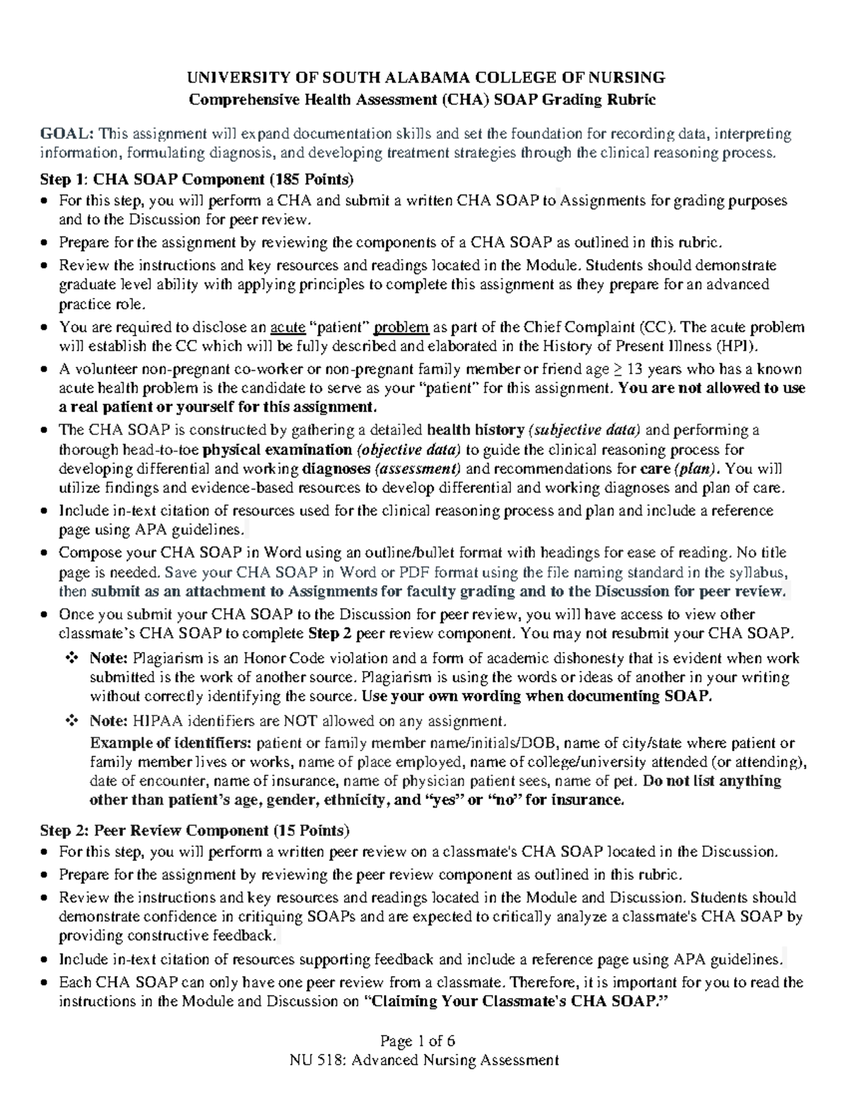 NU 518 Comprehensive Health Assessment SOAP Grading Rubric - Page 1 of ...