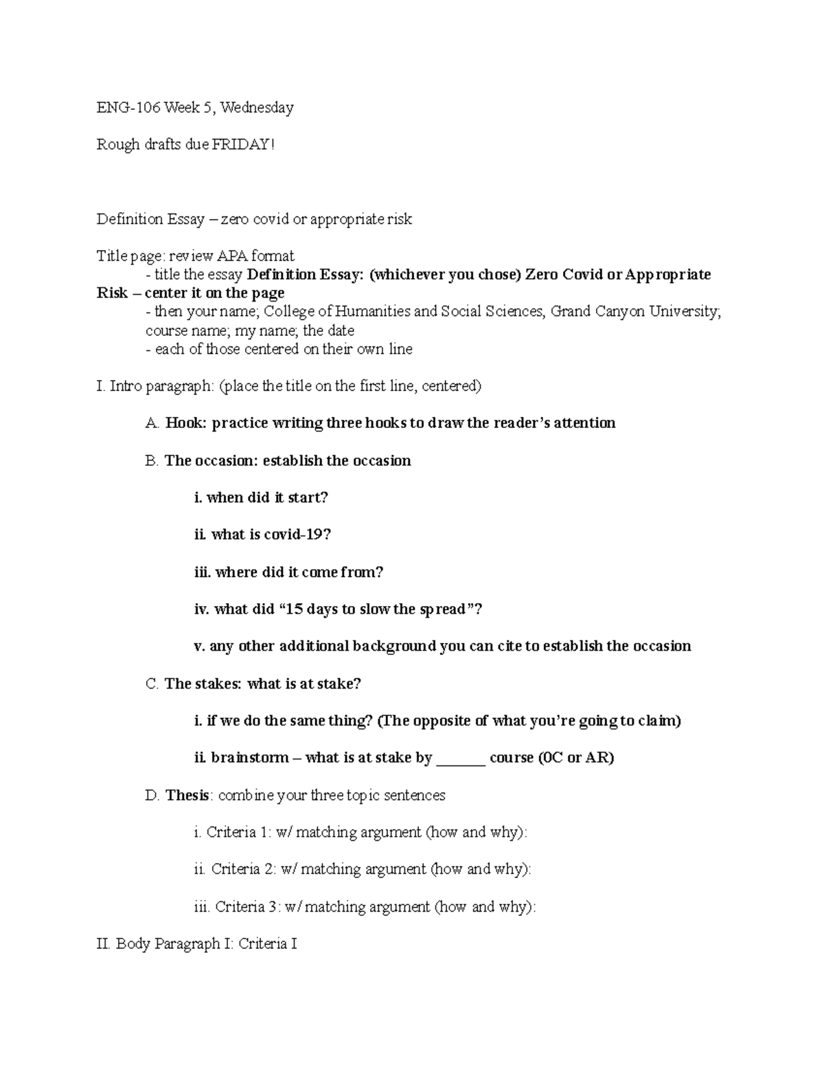 ENG106 Definition Essay Outline - ENG-106 Week 5, Wednesday Rough ...