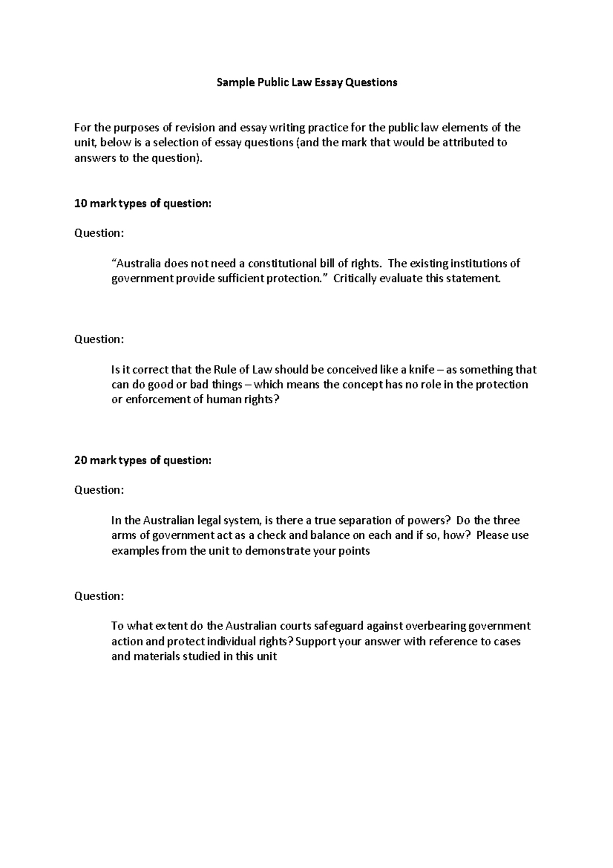 Sample Public Law Essay Questions - 1 0 mark types of question ...