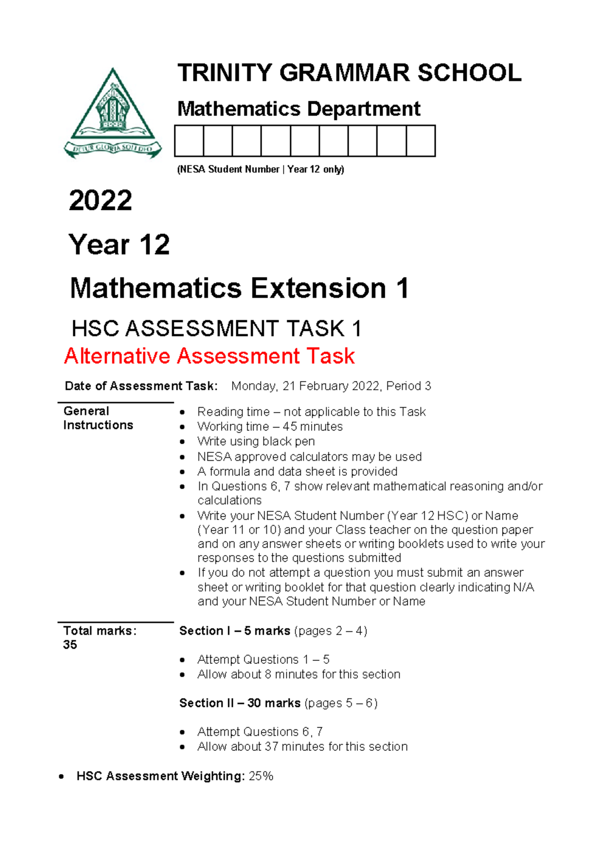 2022 12MAX Task 1 Trinity Grammar - TRINITY GRAMMAR SCHOOL Mathematics ...