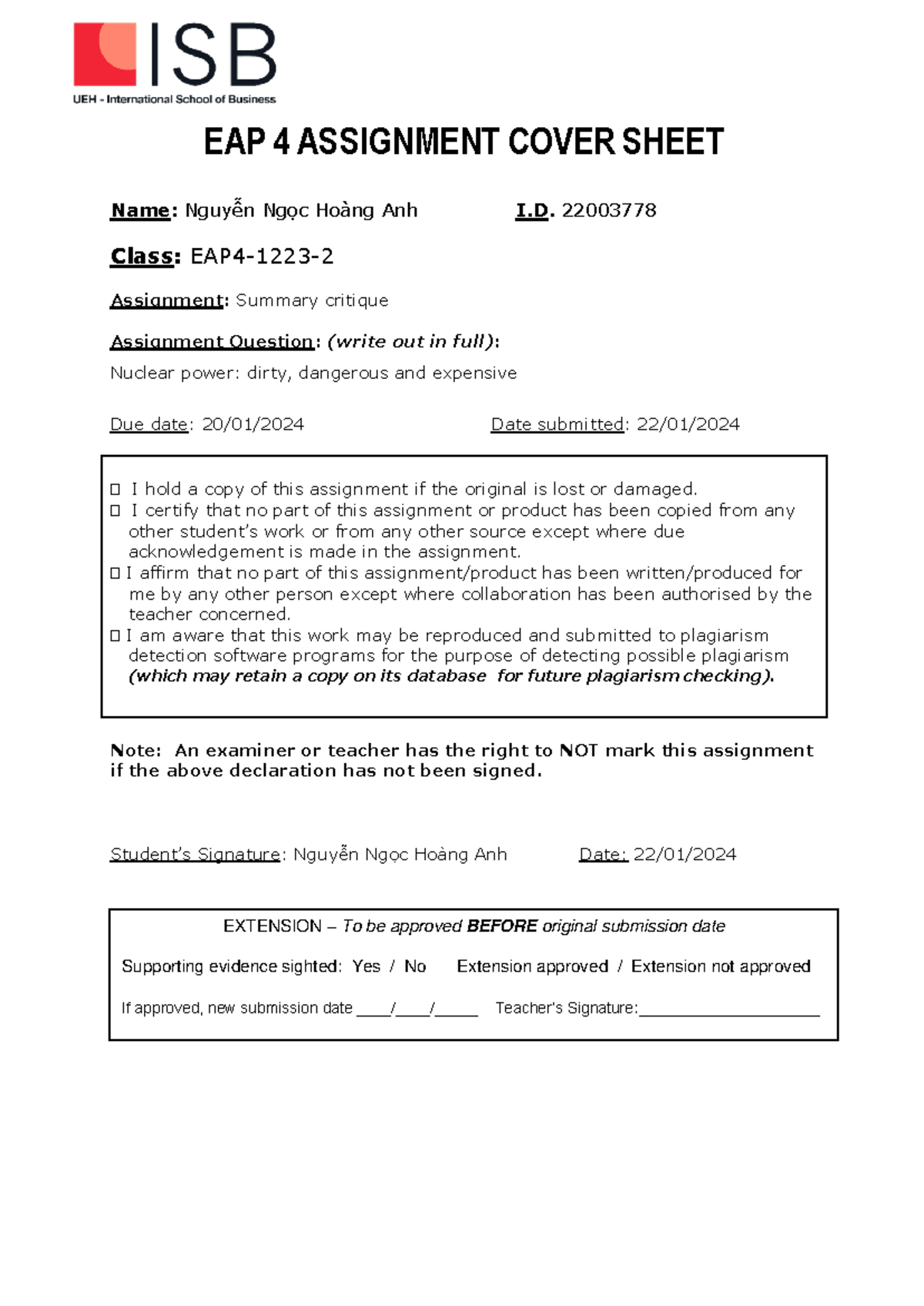 EAP4- Summary- Hoang ANH-22003 778 - EAP 4 ASSIGNMENT COVER SHEET Name: Nguyễn Ngọc Hoàng Anh I ...