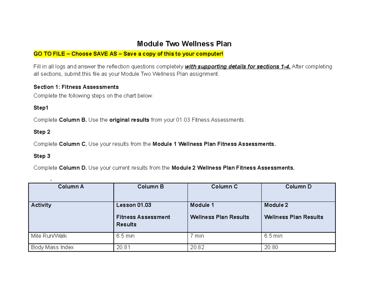 Module two wellness plan - Module Two Wellness Plan GO TO FILE – Choose ...