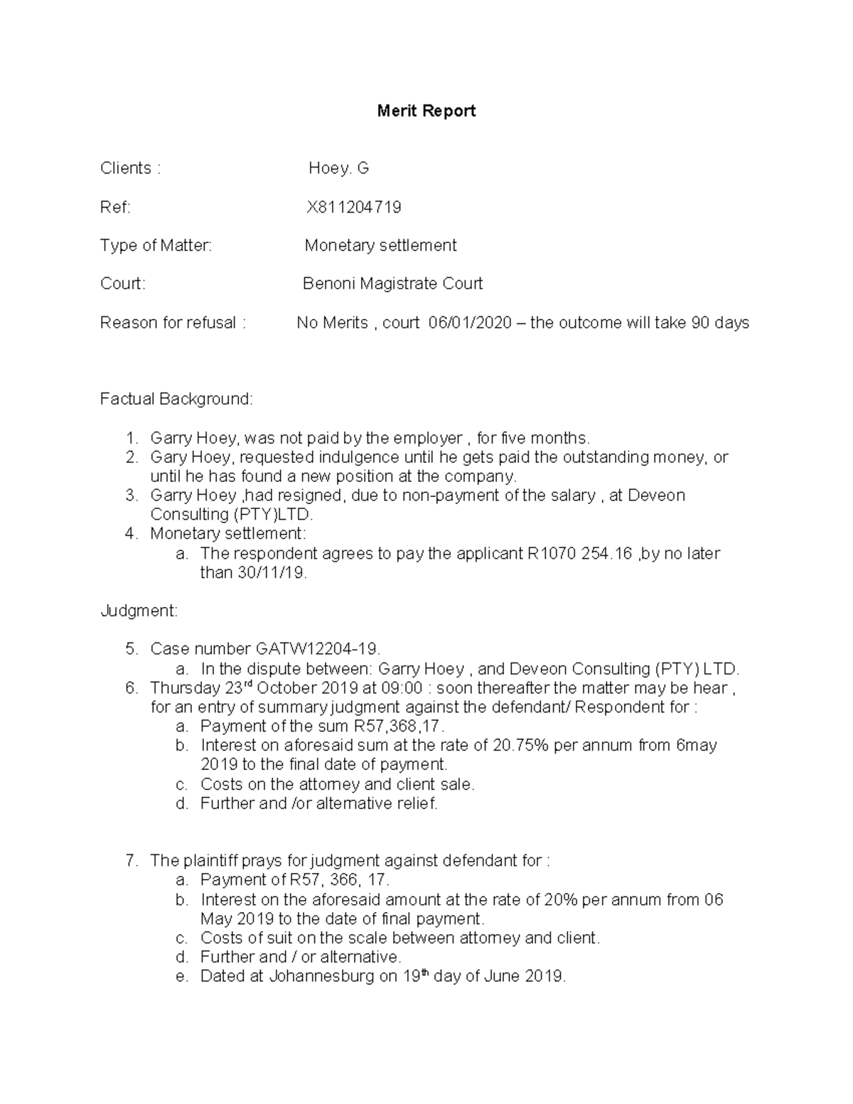 Merit Report-Garry Hoey - Merit Report Clients : Hoey. G Ref: X Type of ...