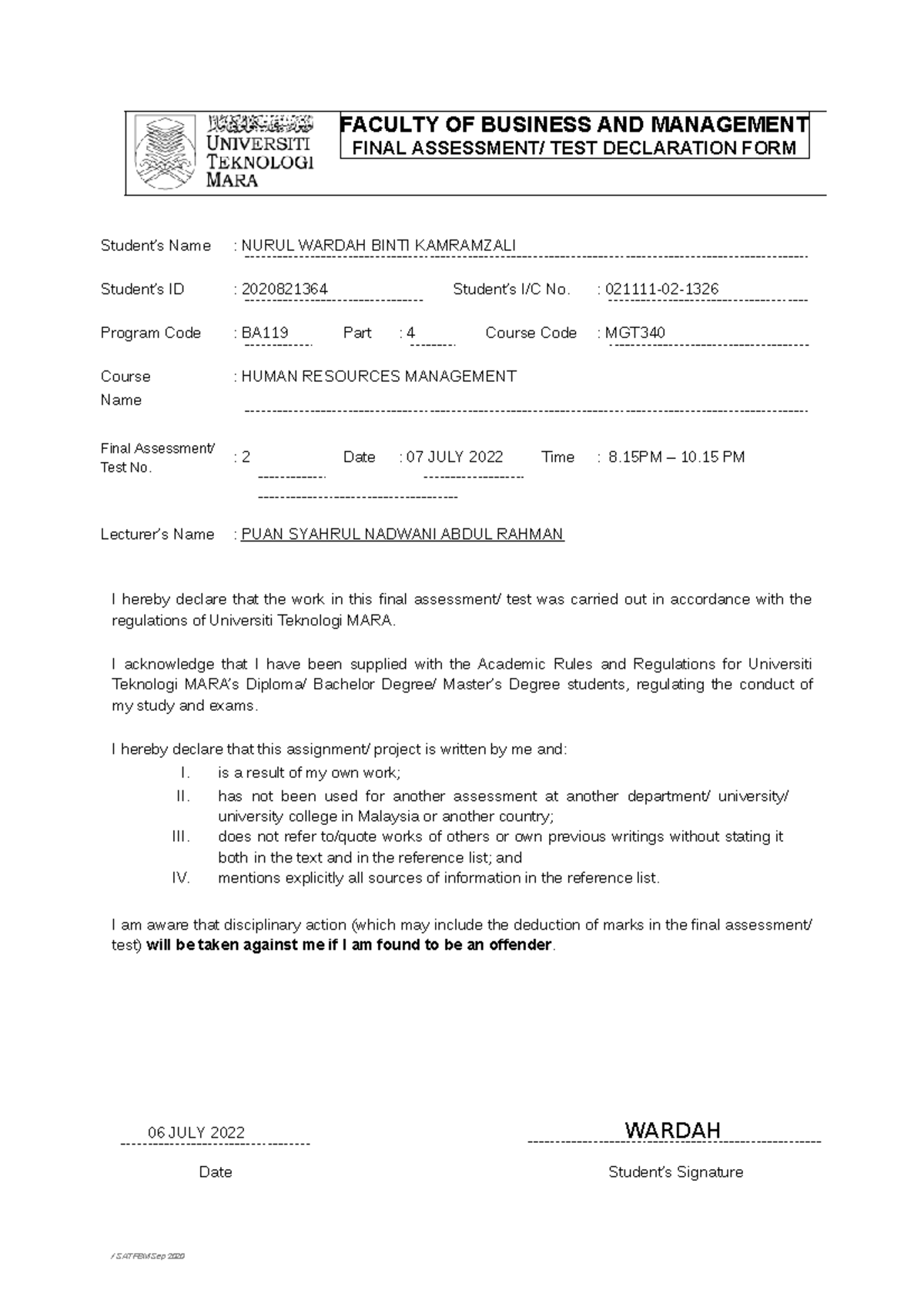 Student Declaration FORM - FACULTY OF BUSINESS AND MANAGEMENT FINAL ...