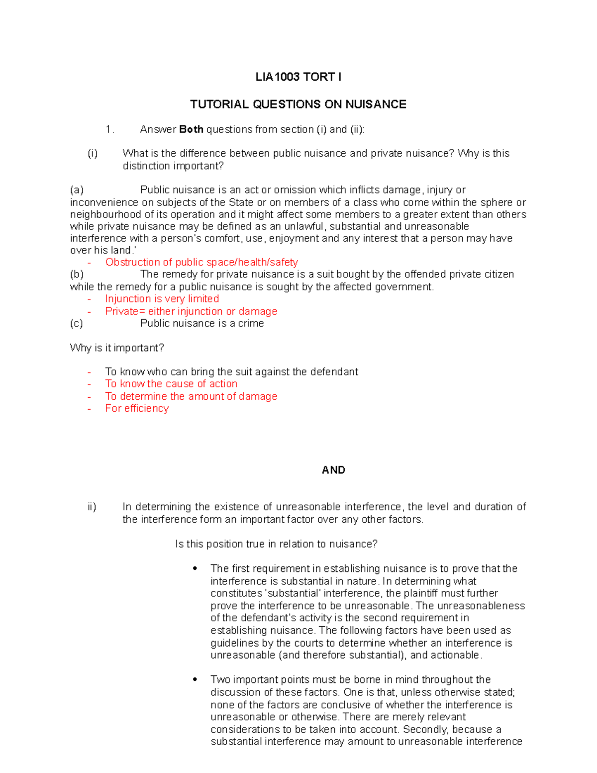 Tutorial ON Nuisance - LIA1003 TORT I TUTORIAL QUESTIONS ON NUISANCE Answer Both questions from ...