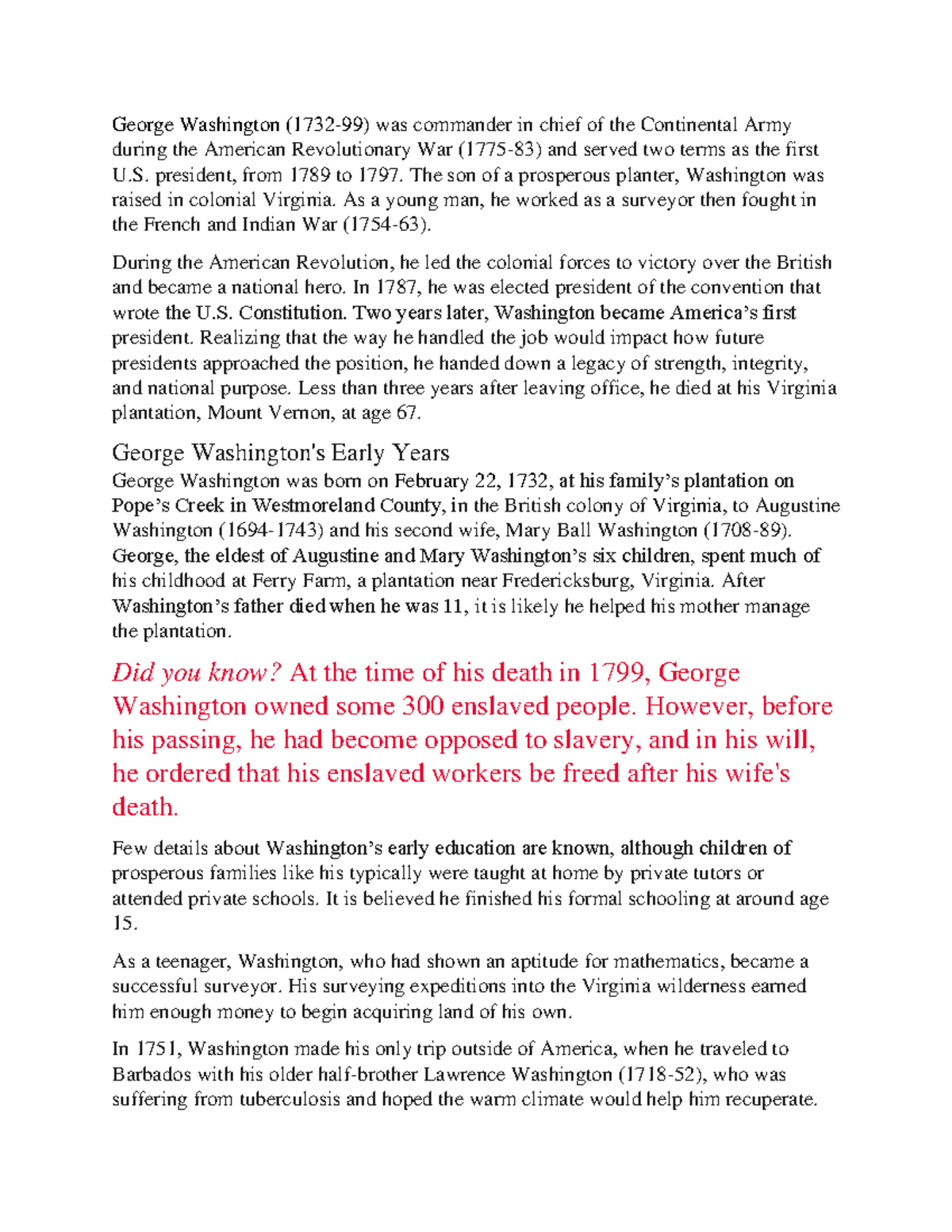 George Washington notes - George Washington (1732-99) was commander in ...