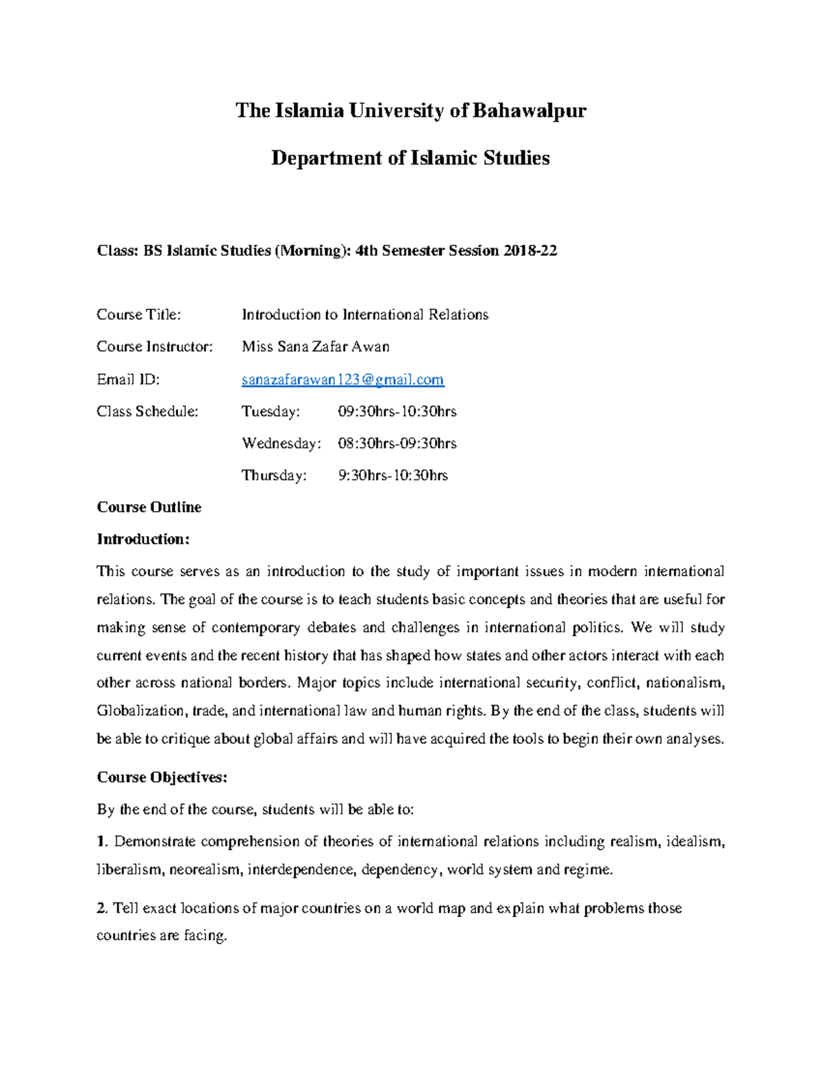 Course Outline (Introduction to International Relations) - The Islamia ...
