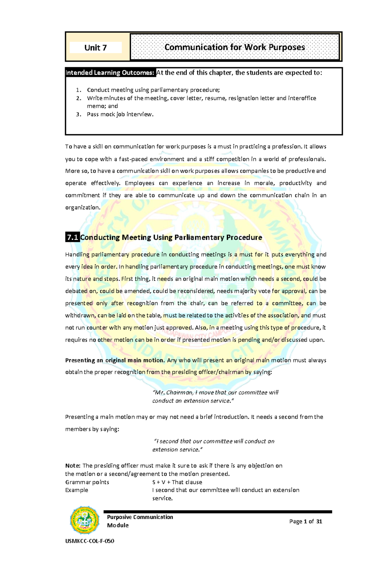 Communication for Work Purposes - Purposive CommunicationModule Page 1 ...