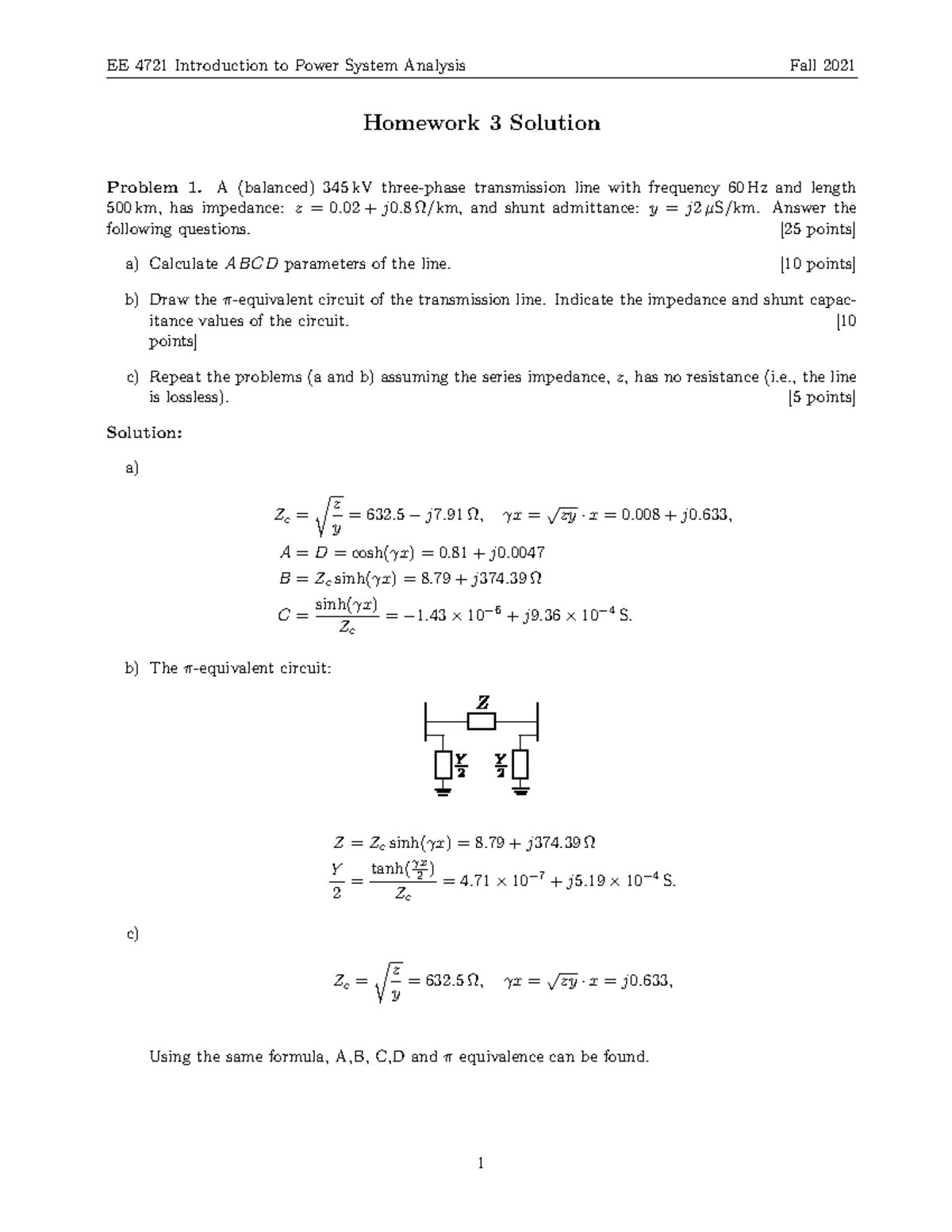 EE4721-HW3 -Solution - EE 4721 Introduction to Power System Analysis Fall 2021 Homework 3 ...