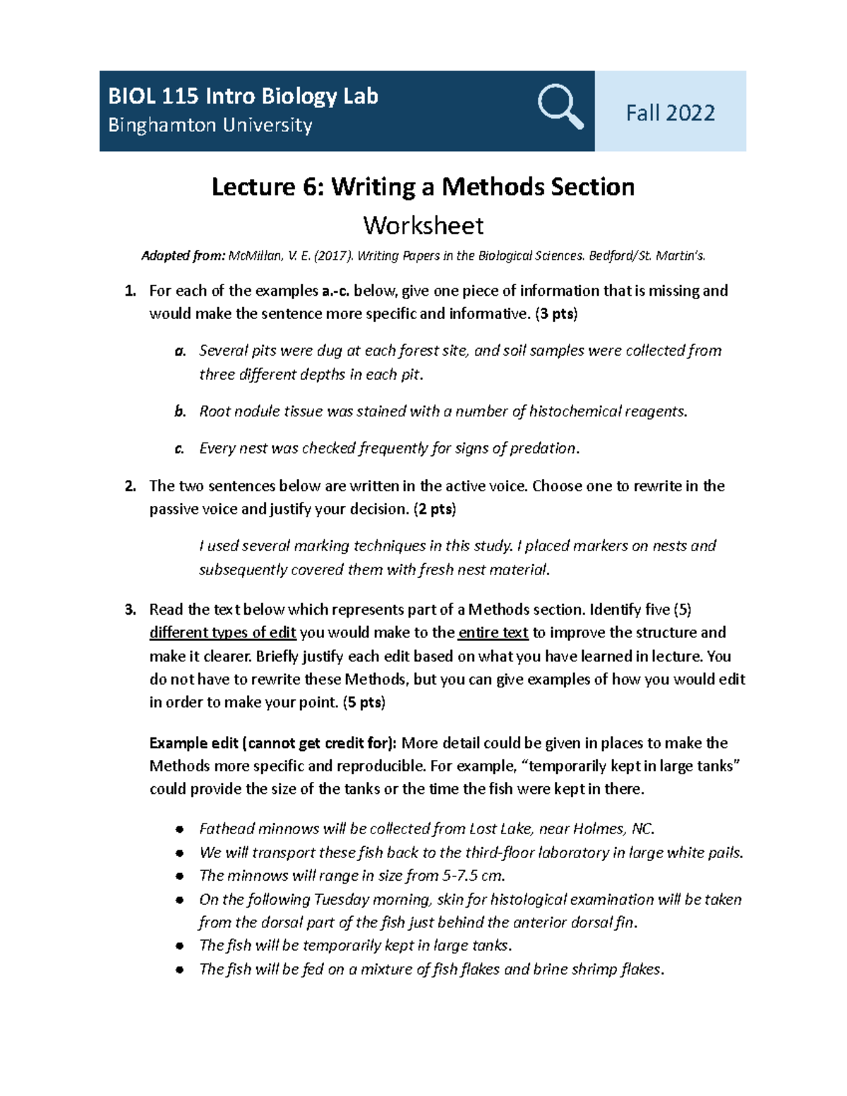 Copy of Methods Writing Worksheet - BIOL 115 Intro Biology Lab ...