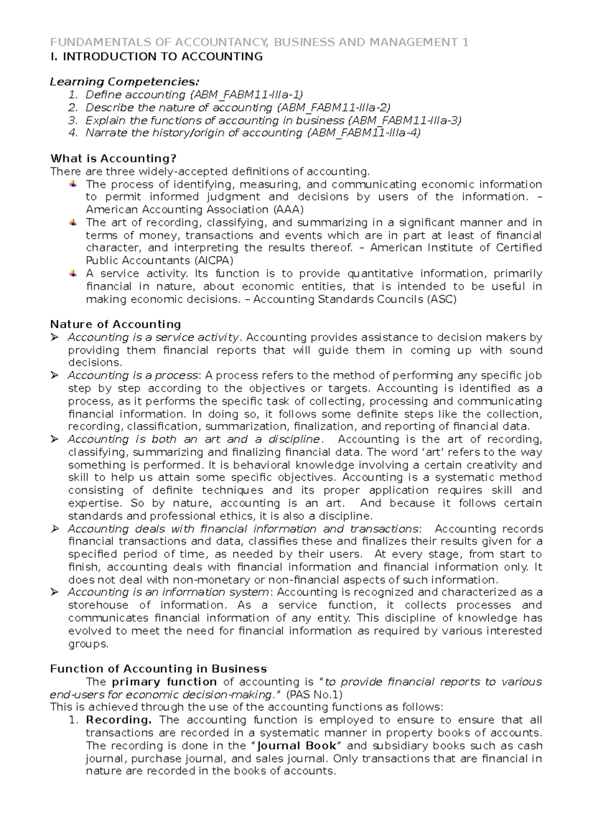 FABM1 - Introduction to Accounting - I. INTRODUCTION TO ACCOUNTING ...