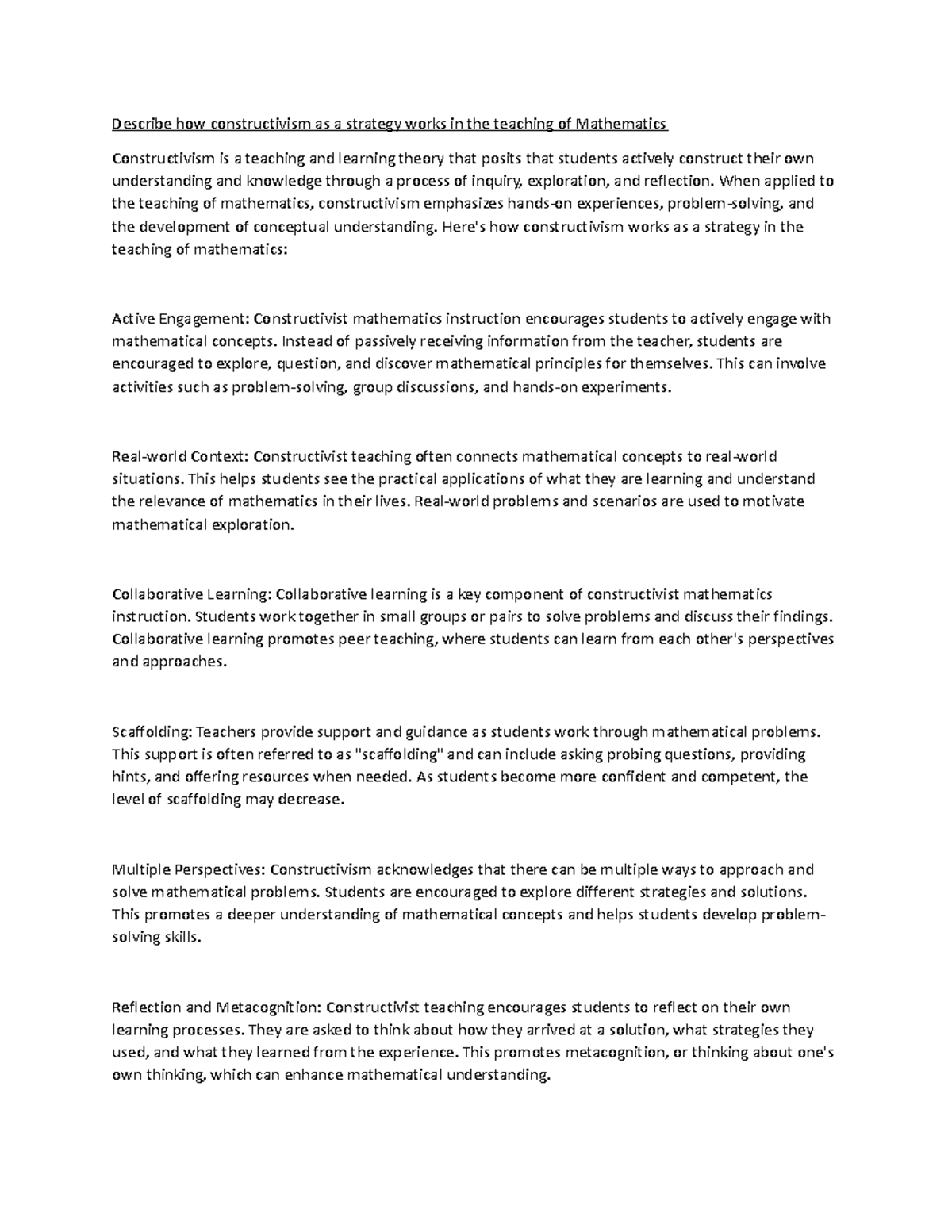 Session 2- Constructivism in Mathematics - Describe how constructivism ...