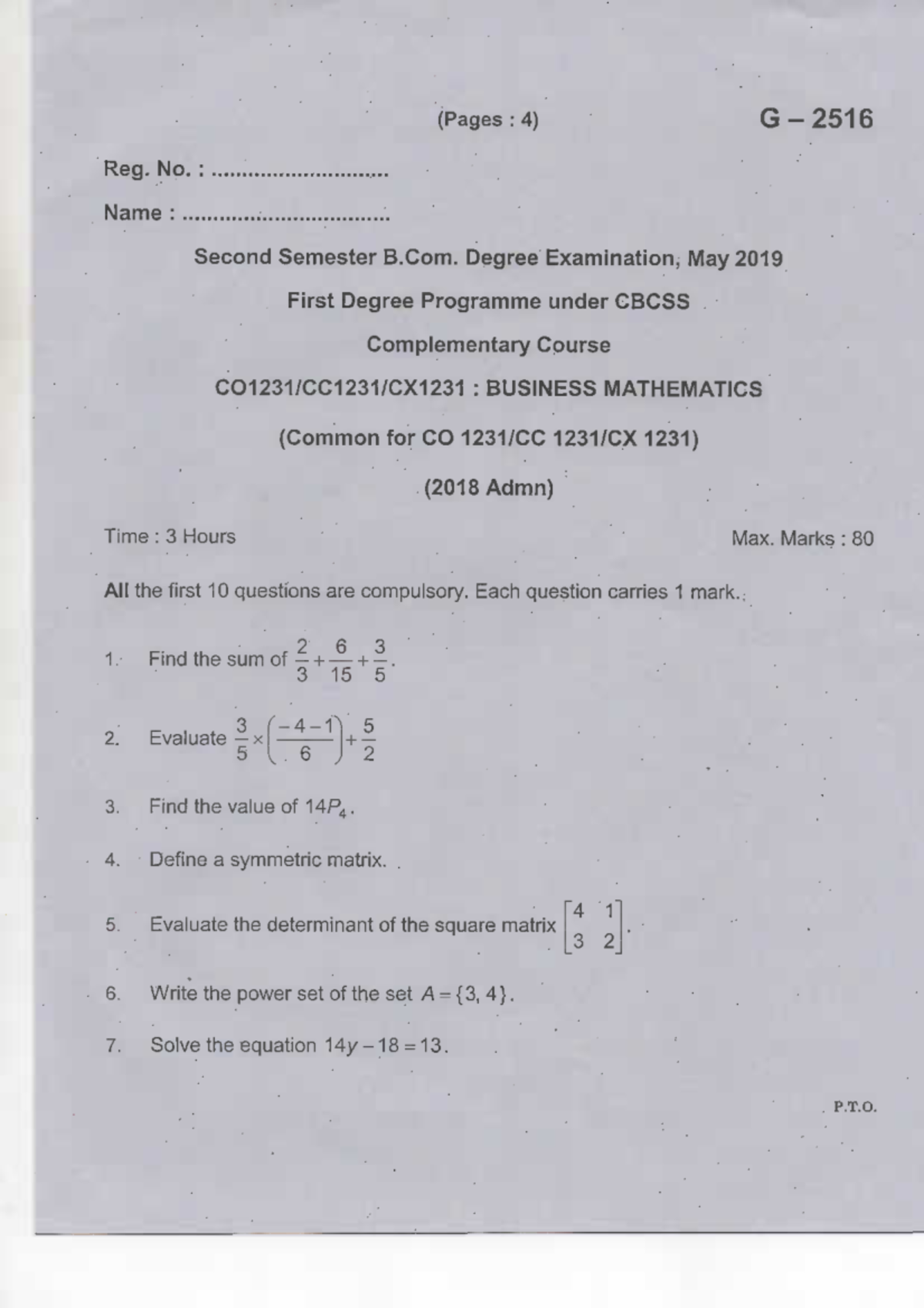 Business Mathematics previous year question paper - B.com finance and ...