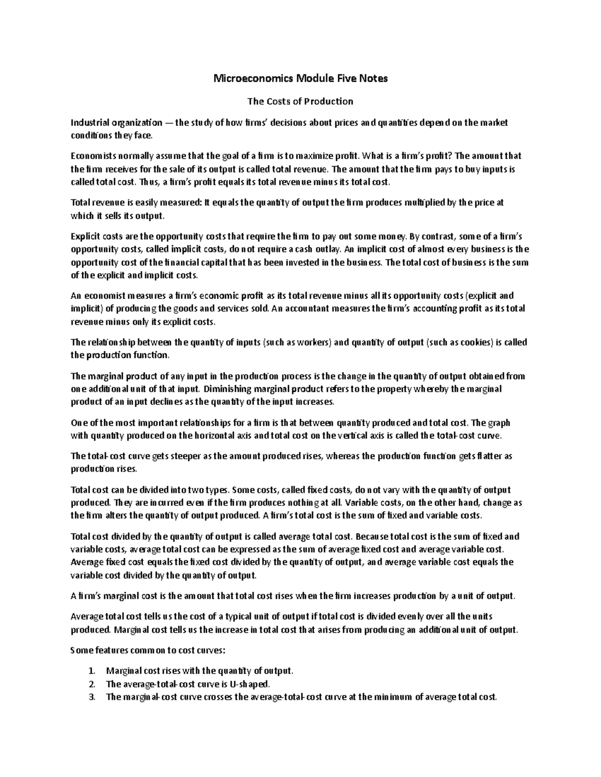 Module Five Notes - Microeconomics Module Five Notes The Costs of ...