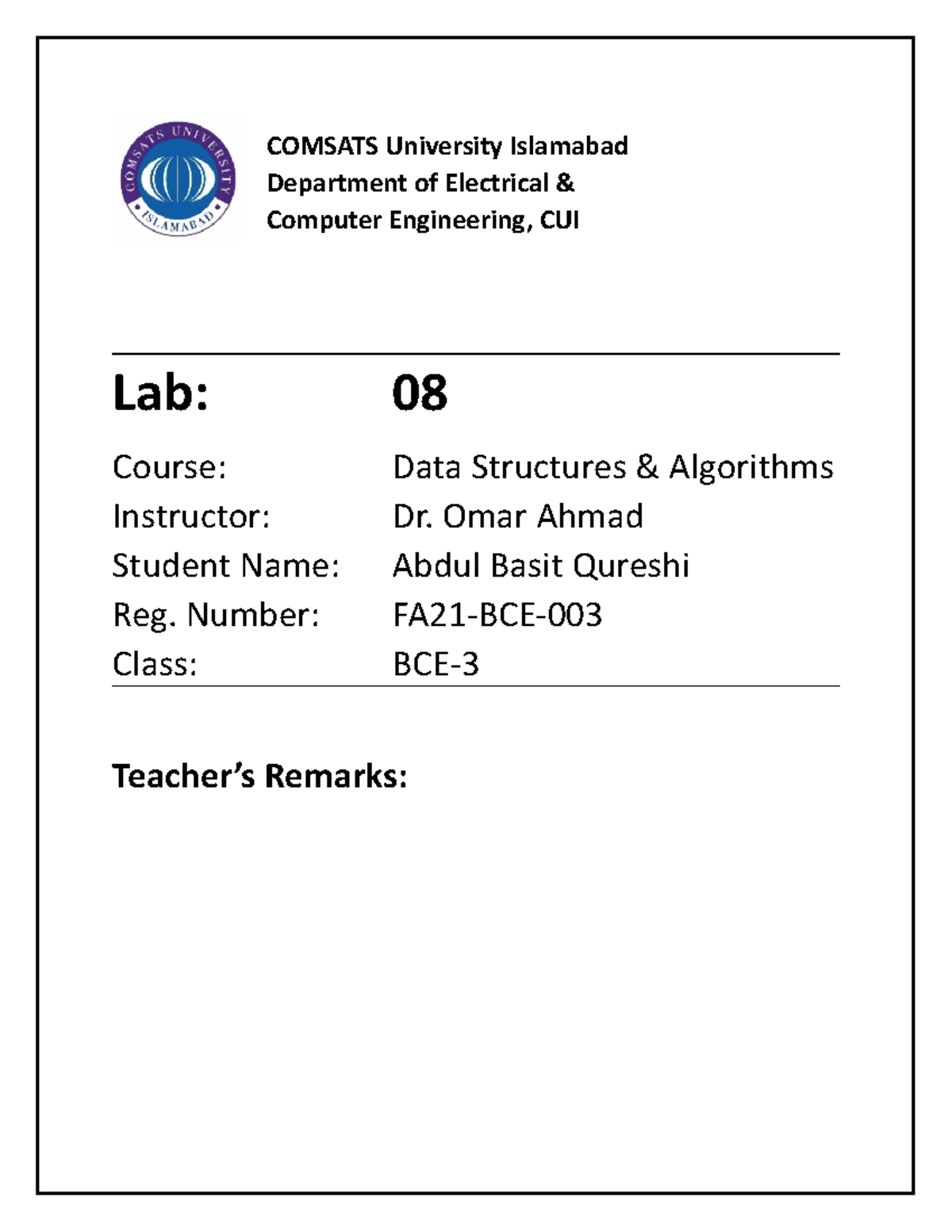 Lab report 8 - Lab: 08 Course: Data Structures & Algorithms Instructor ...